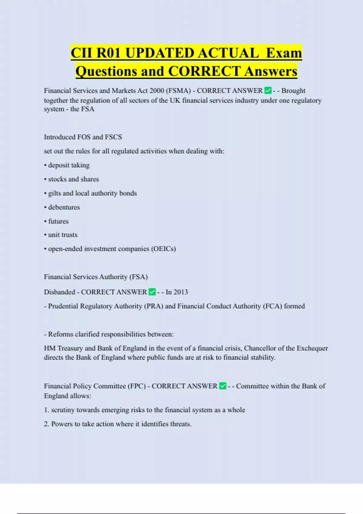 CII R01 UPDATED ACTUAL Exam Questions and CORRECT Answers - CII - Stuvia UK