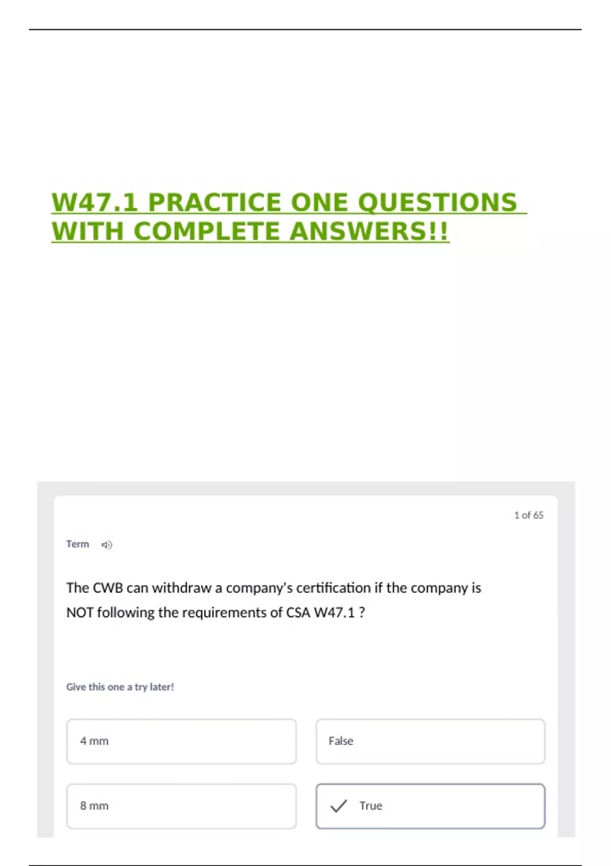 W47.1 PRACTICE ONE QUESTIONS WITH COMPLETE ANSWERS!! - W47.1 - Stuvia US