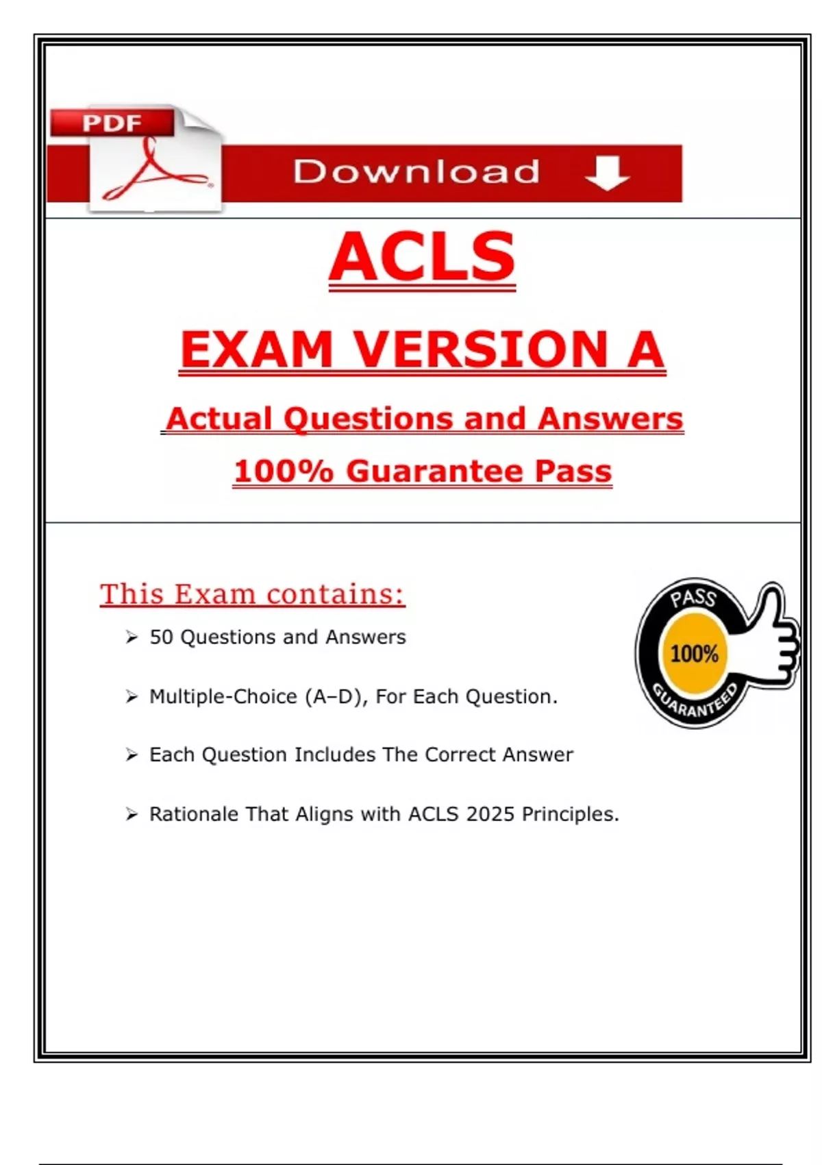 ACLS Exam Version A (2025 / 2026) Questions and Verified Answers with Rationales, 100% Guarantee ...