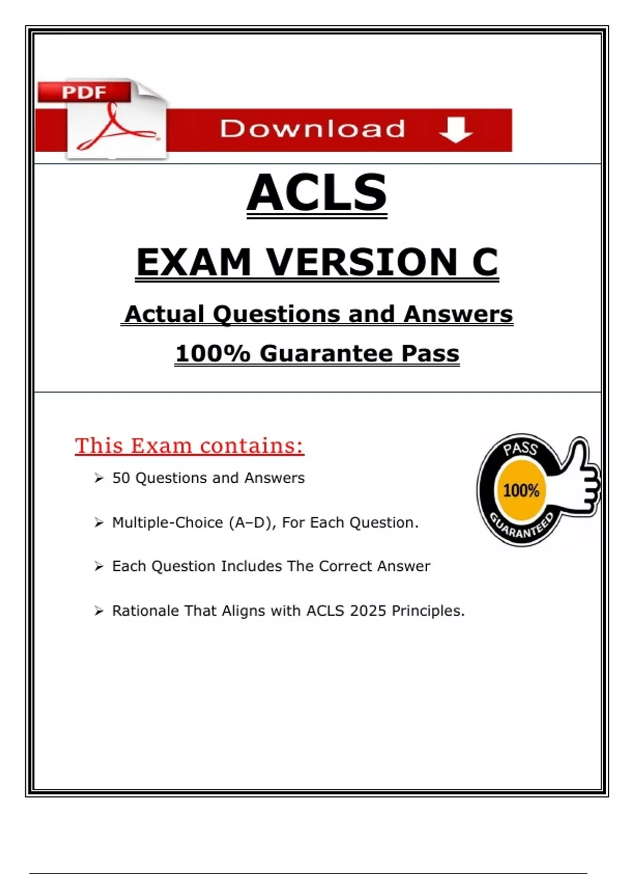 ACLS Version C Exam (2025 / 2026) Questions and Verified Answers with Rationales, 100% Guarantee ...