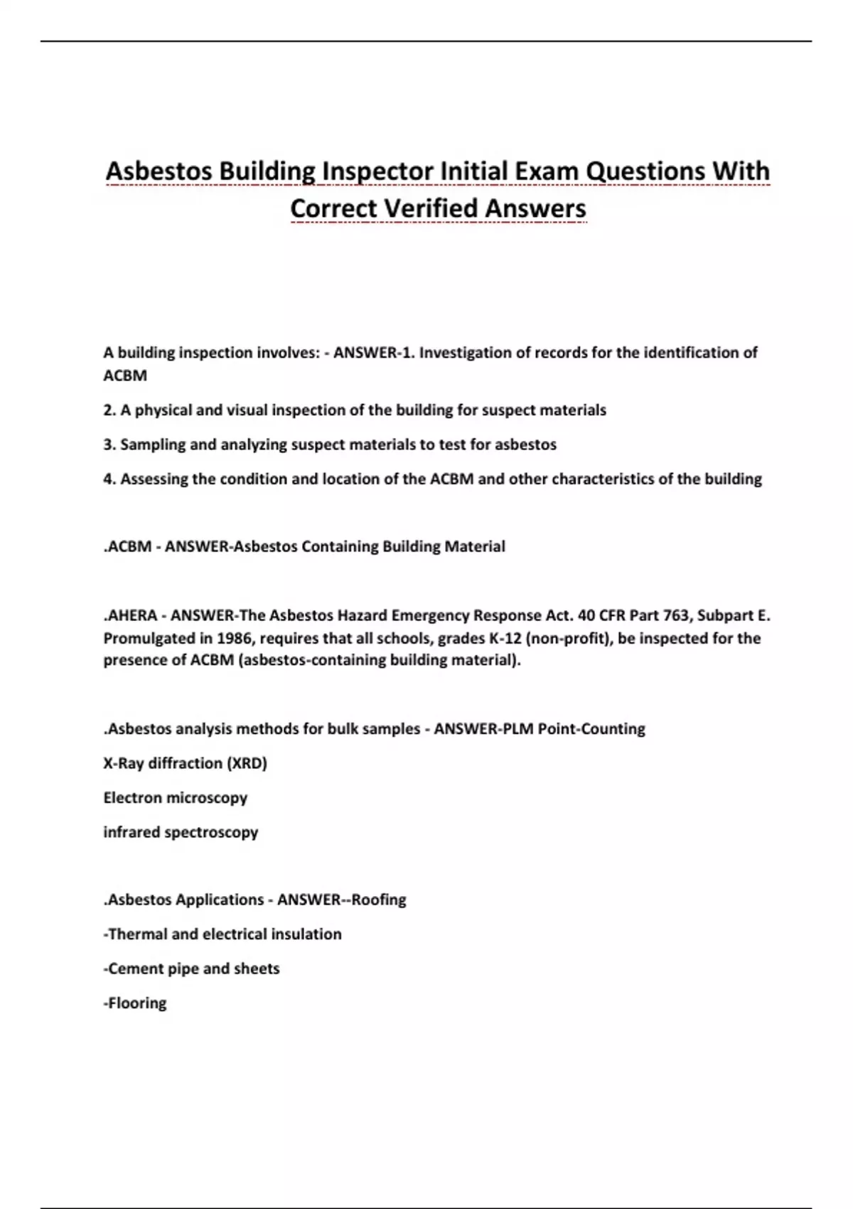 Asbestos Building Inspector Initial Exam Questions With Correct ...