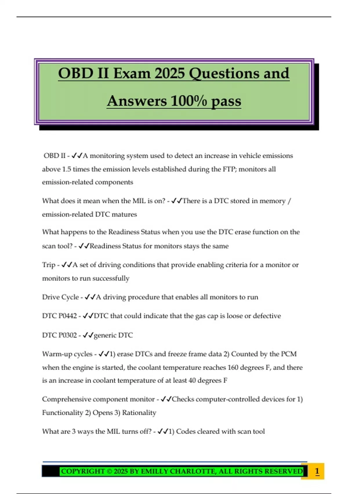 OBD II Exam 2025 Questions and Answers 100% pass - OBD - Stuvia US