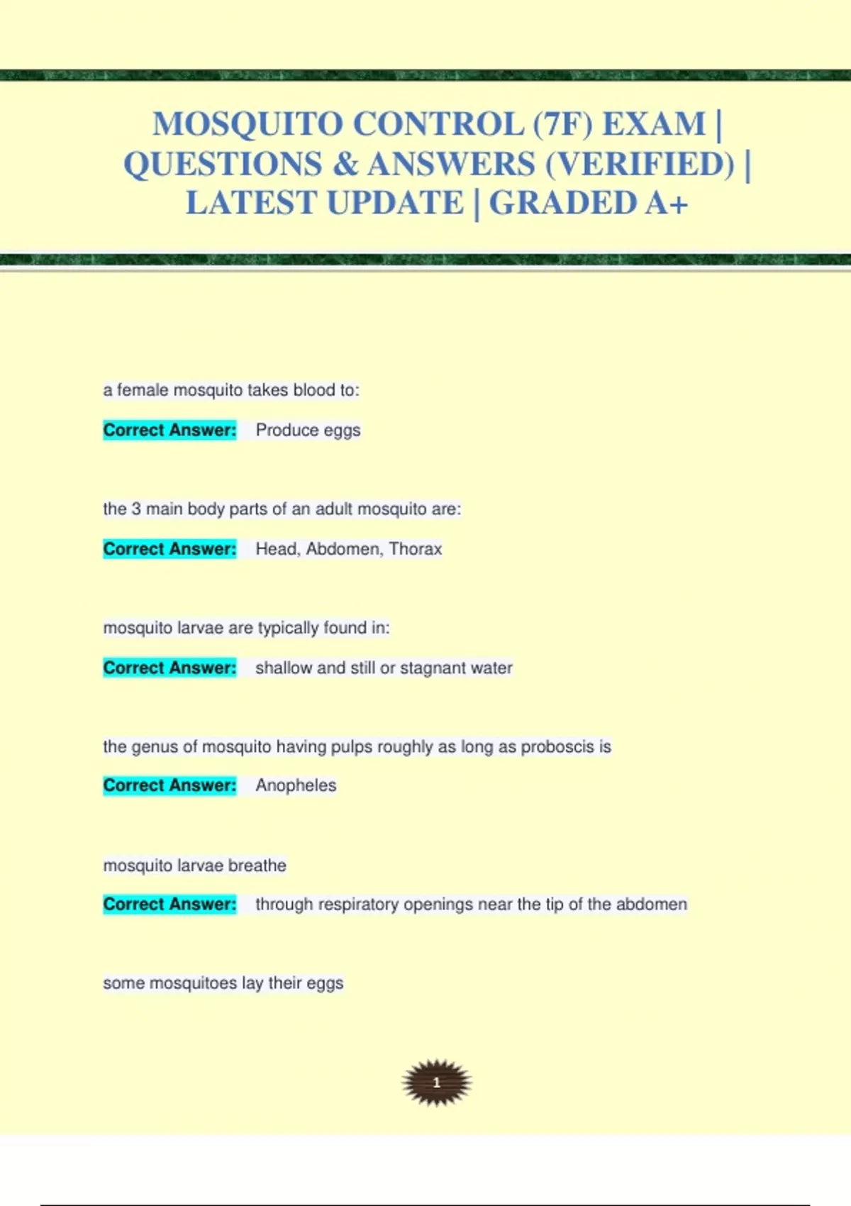MOSQUITO CONTROL (7F) EXAM | QUESTIONS & ANSWERS (VERIFIED) | LATEST ...