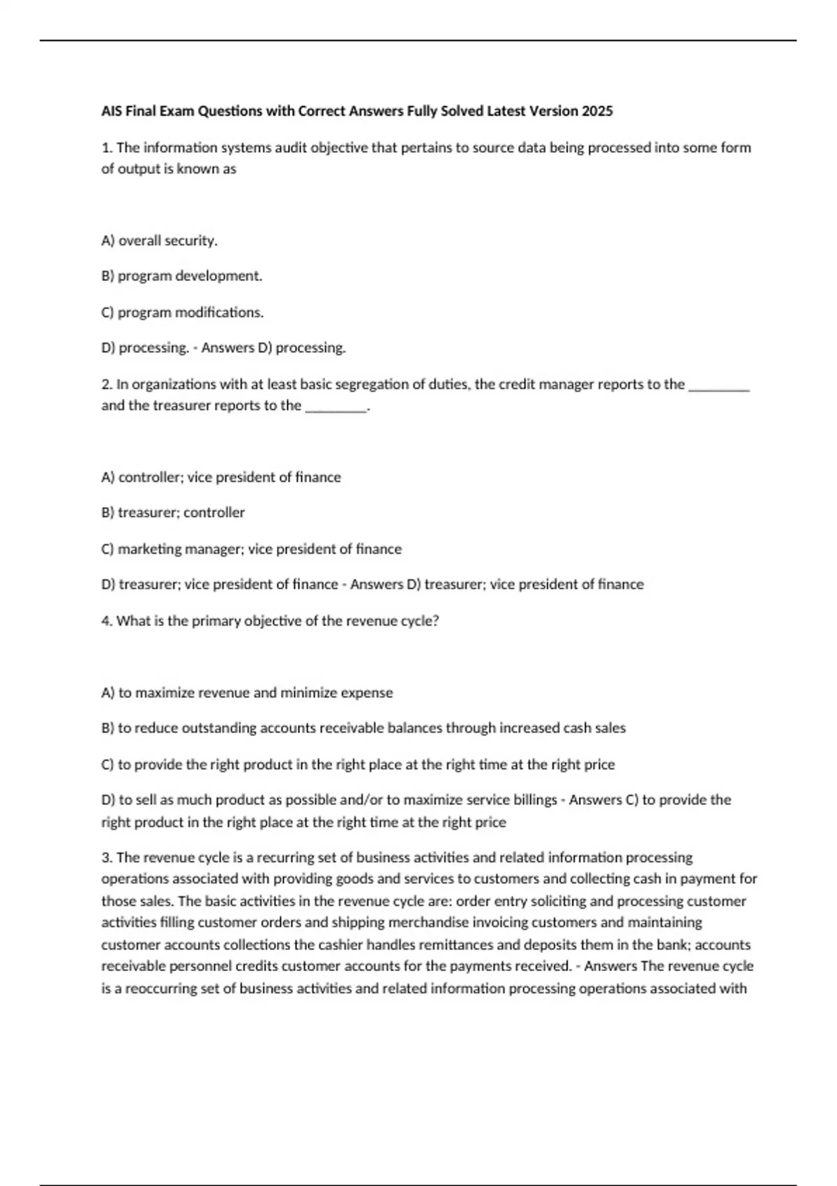 AIS Final Exam Questions with Correct Answers Fully Solved Latest ...