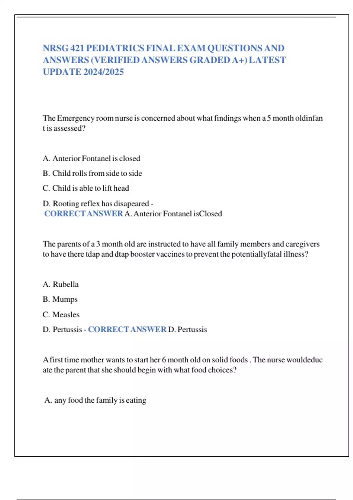 NRSG 421 PEDIATRICS FINAL EXAM 2024 ACTUAL EXAM COMPLETE ACCURATE EXAM ...
