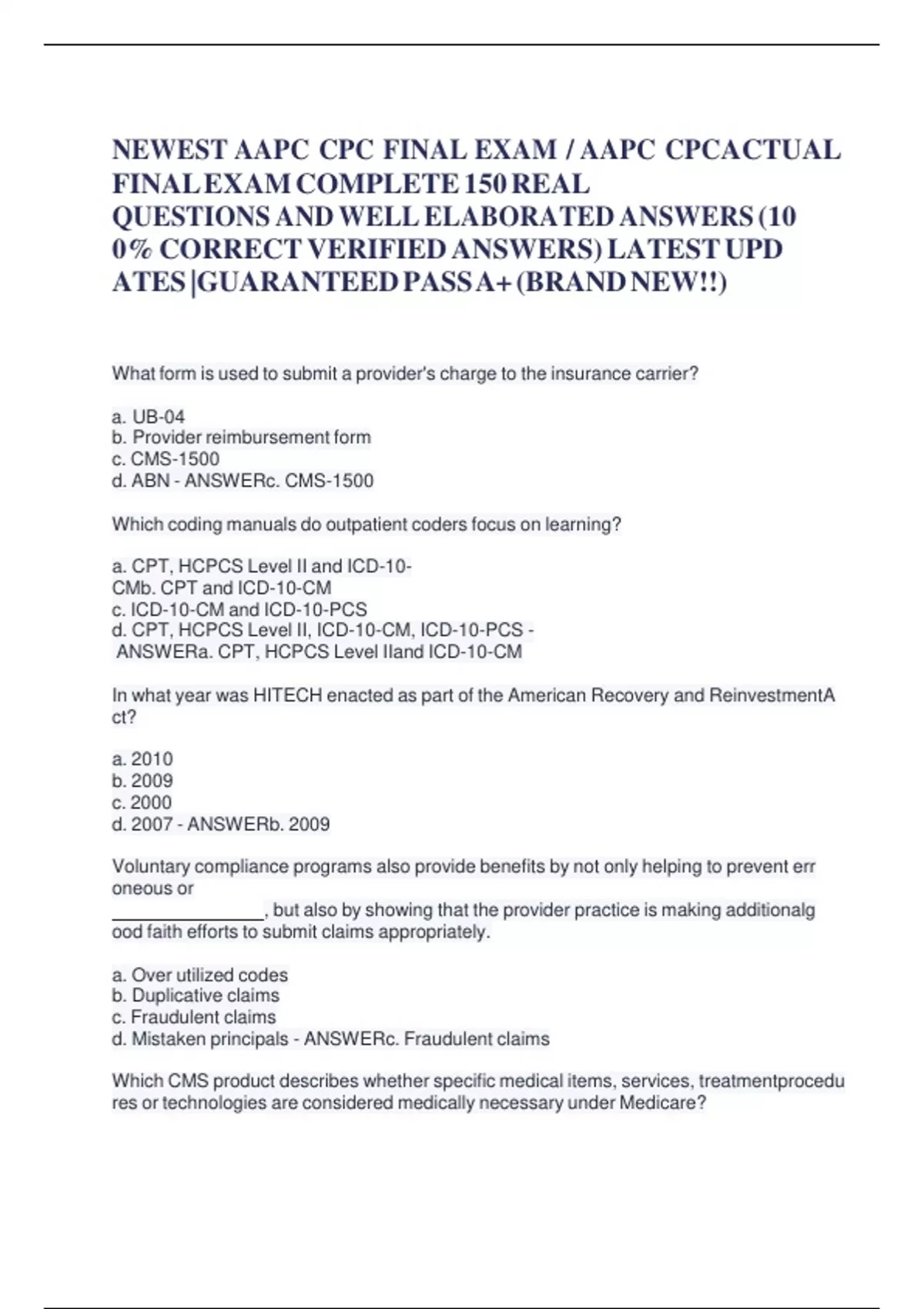 AAPC CPC Final Exam 2024 -Questions with Correct Answers/Expert ...