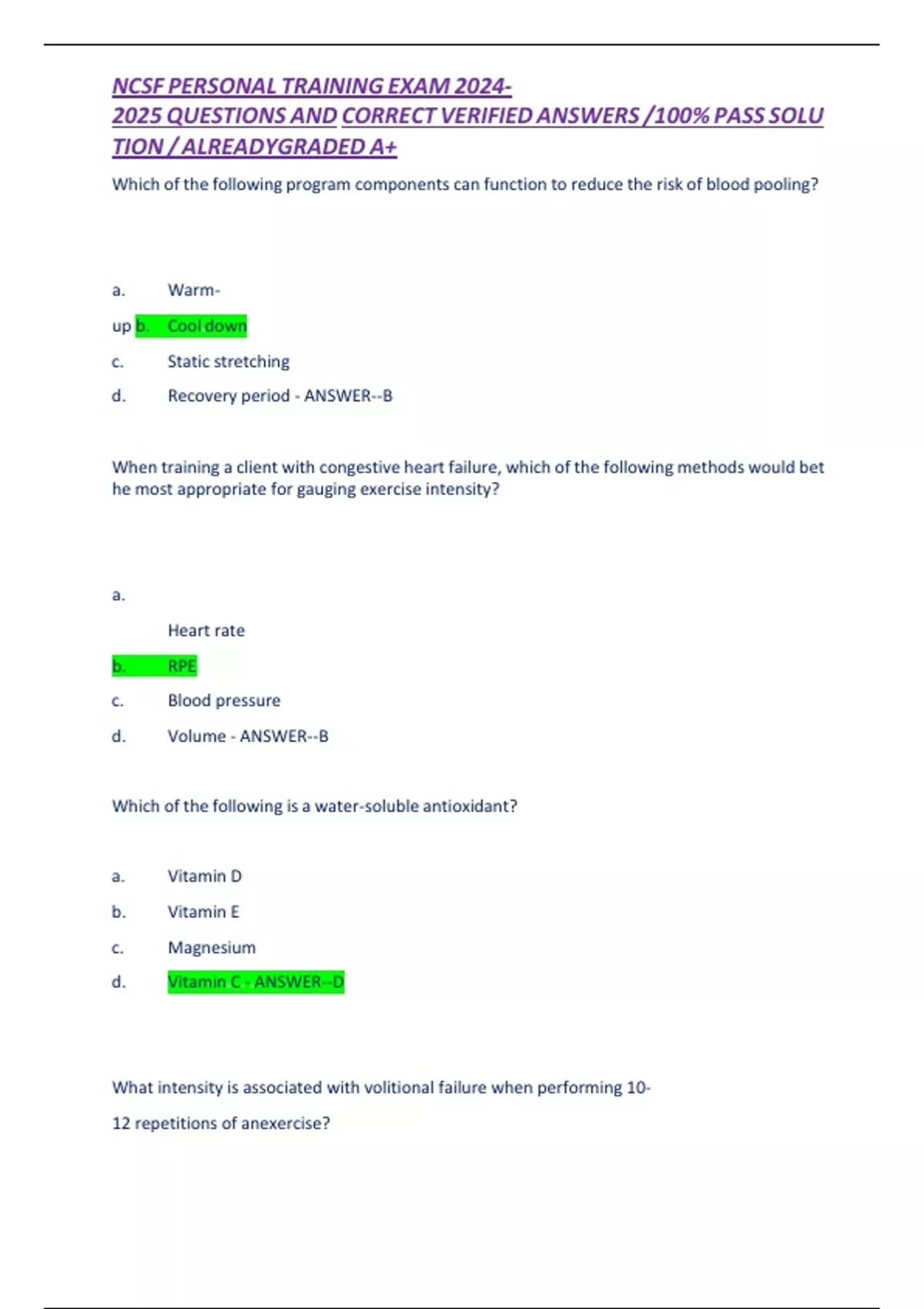 Ncsf personal training exam 2024 - Ncsf personal training - Stuvia US