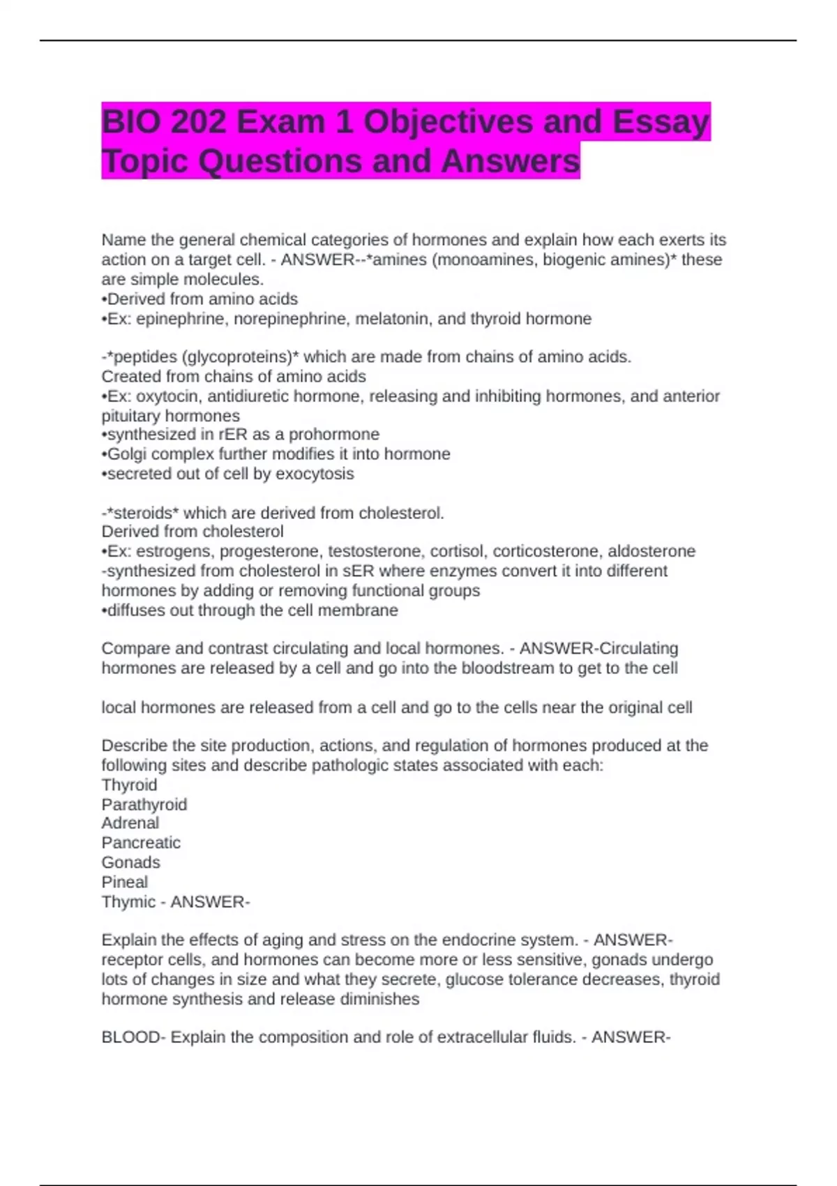 BIO 202 Exam 1 Objectives and Essay Topic Questions and Answers ...