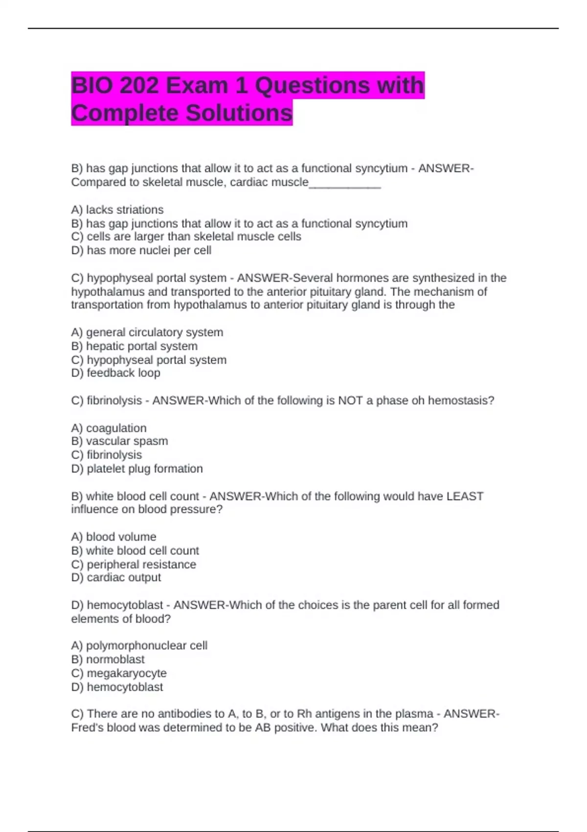 BIO 202 Exam 1 Questions with Complete Solutions - Biology 202 - Stuvia US