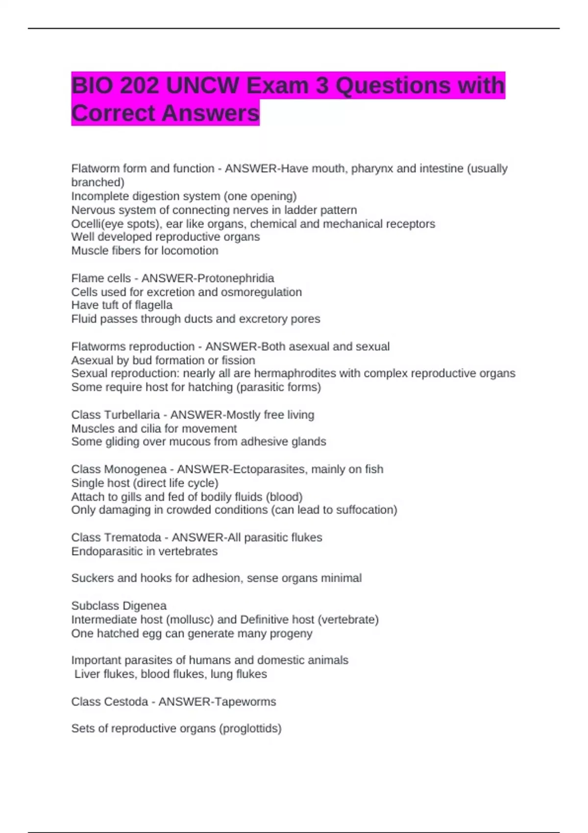 BIO 202 UNCW Exam 3 Questions with Correct Answers - Biology 202 ...