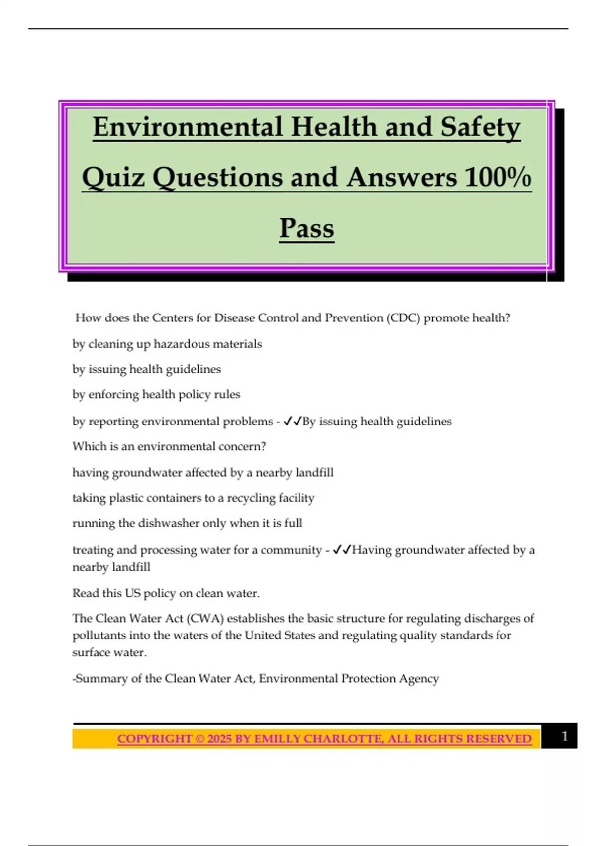 Environmental Health and Safety Quiz Questions and Answers 100% Pass ...