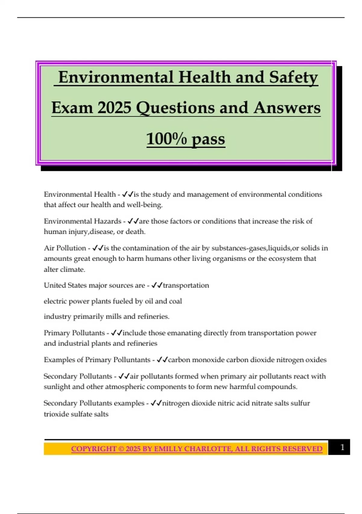 Environmental Health and Safety Exam 2025 Questions and Answers 100% ...