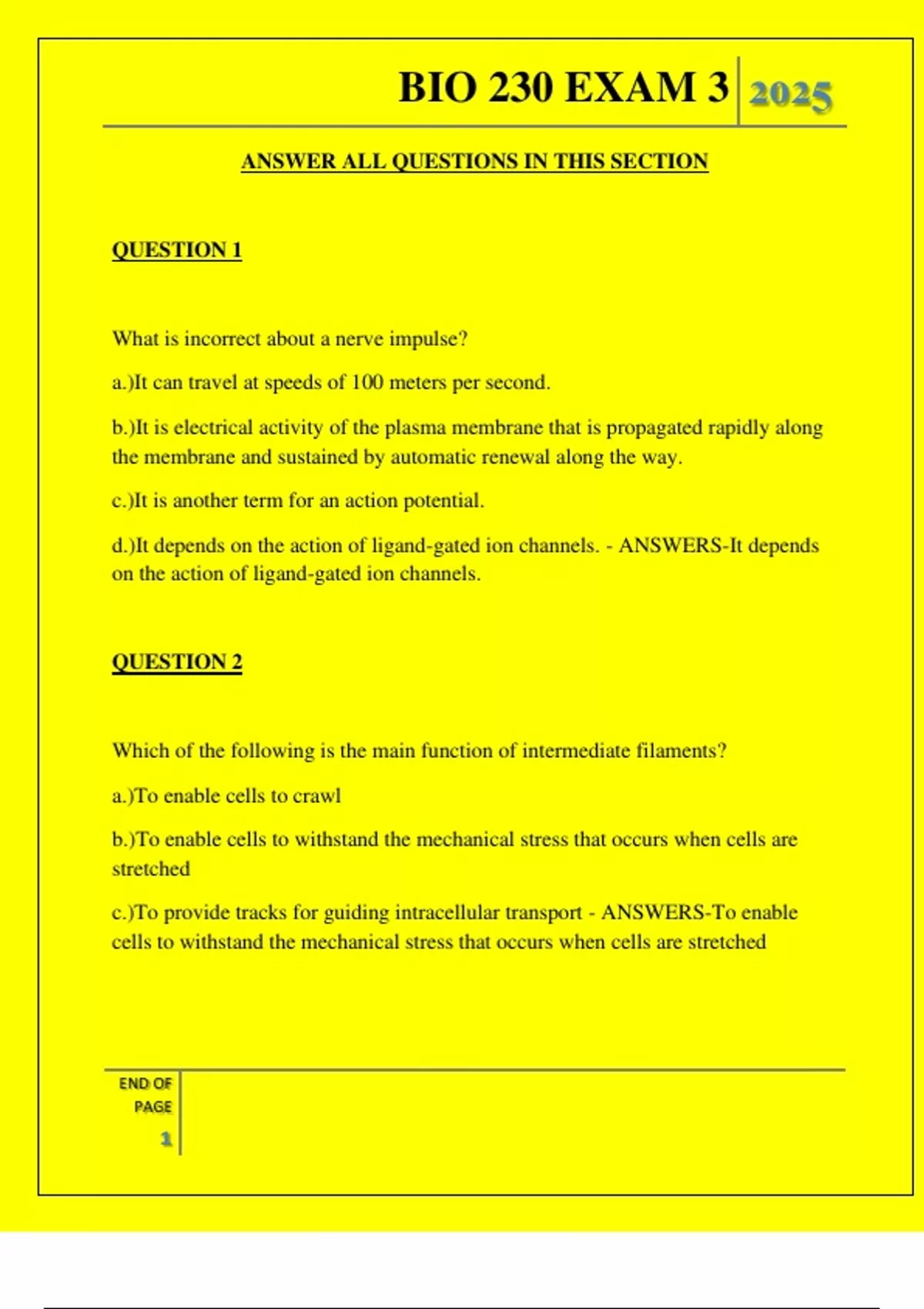 BIO 230 EXAM 3 QUESTIONS AND ANSWERS 2025 - BIO 230 - Stuvia US