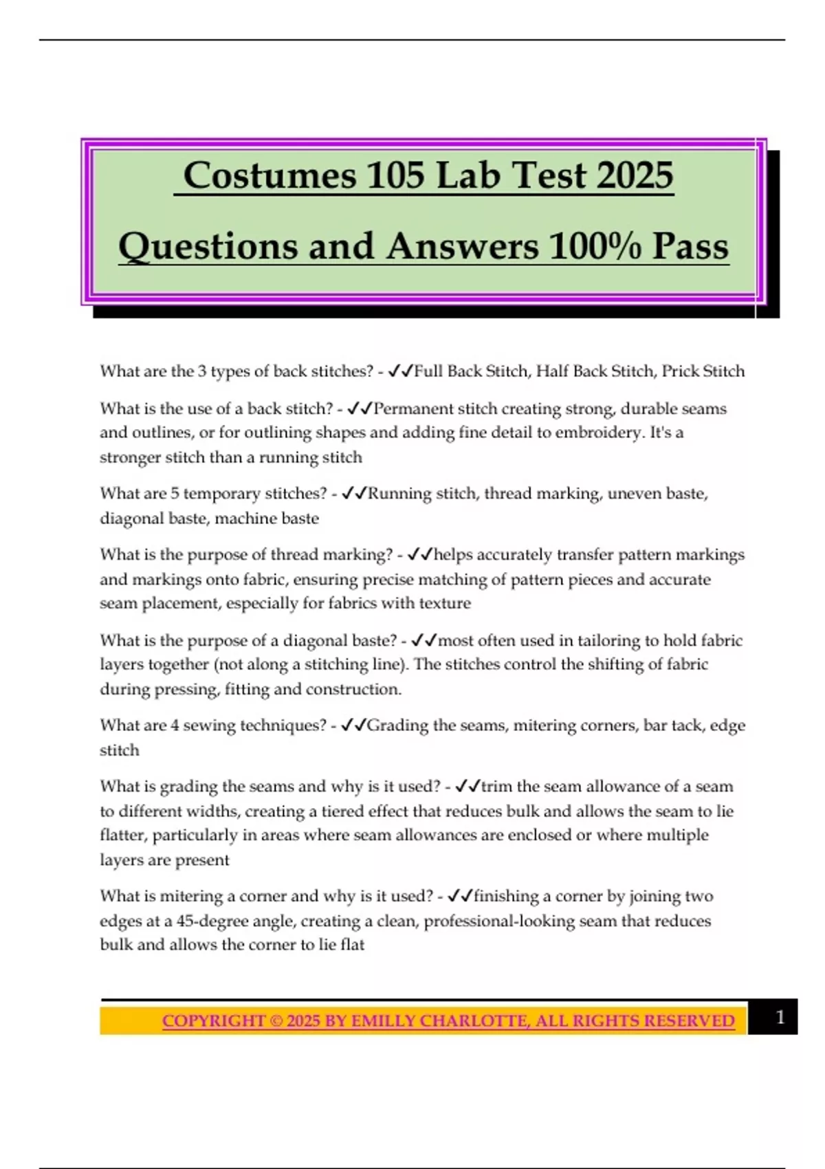 Costumes 105 Lab Test 2025 Questions and Answers 100% Pass - CAS EE 105 ...