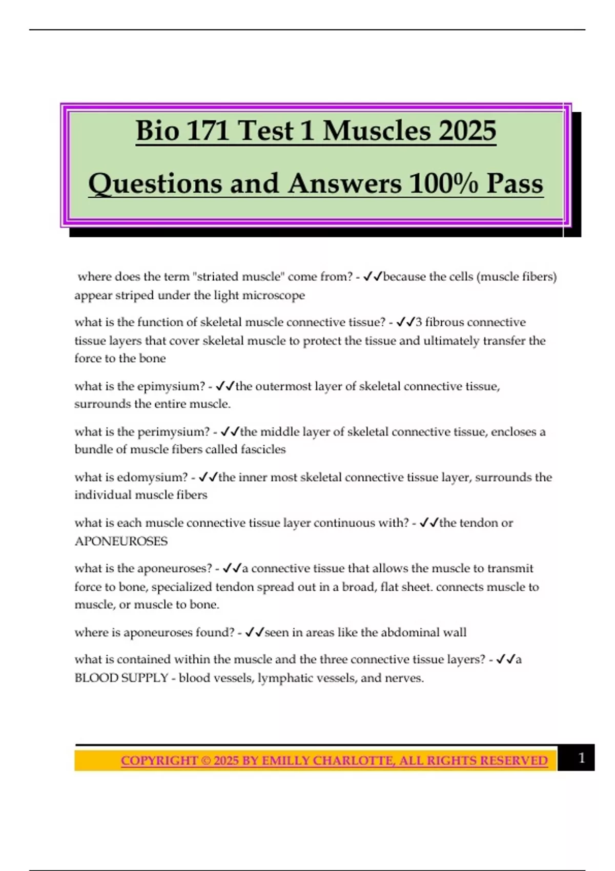 Bio 171 Test 1 Muscles 2025 Questions and Answers 100% Pass - Bio 171 ...