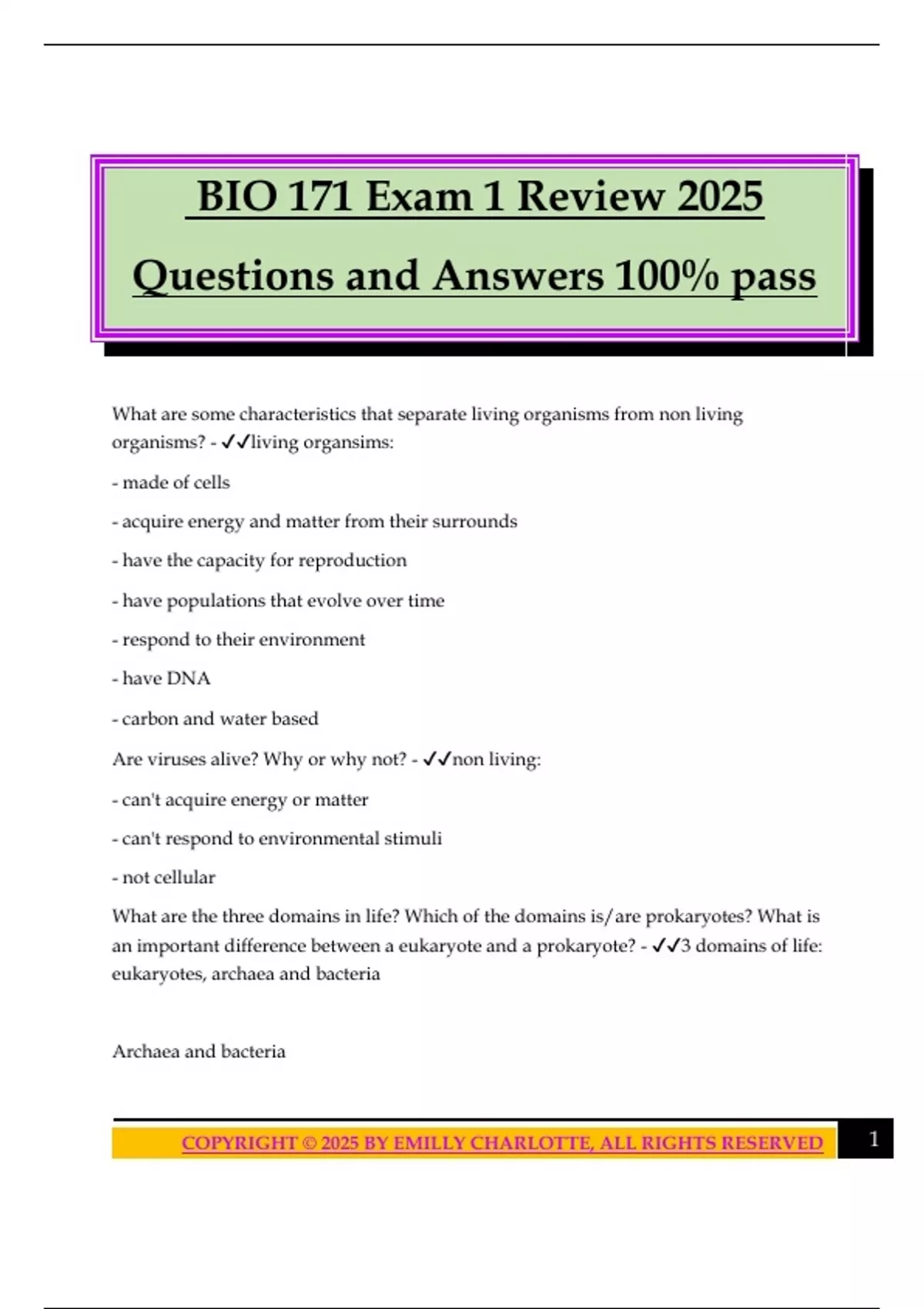 BIO 171 Exam 1 Review 2025 Questions and Answers 100% pass - Bio 171 - Stuvia US