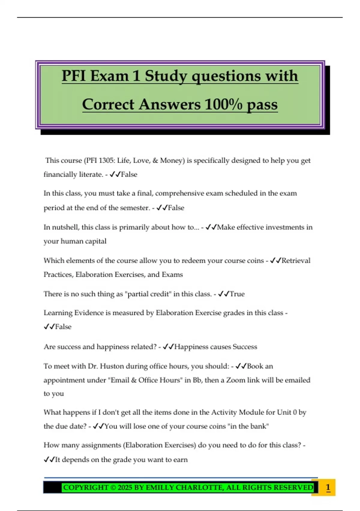 PFI Exam 1 Study questions with Correct Answers 100% pass - PFI - Stuvia US