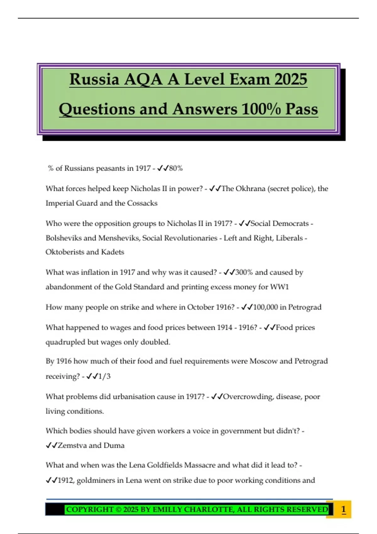 Russia AQA A Level Exam 2025 Questions and Answers 100% Pass - Russia ...