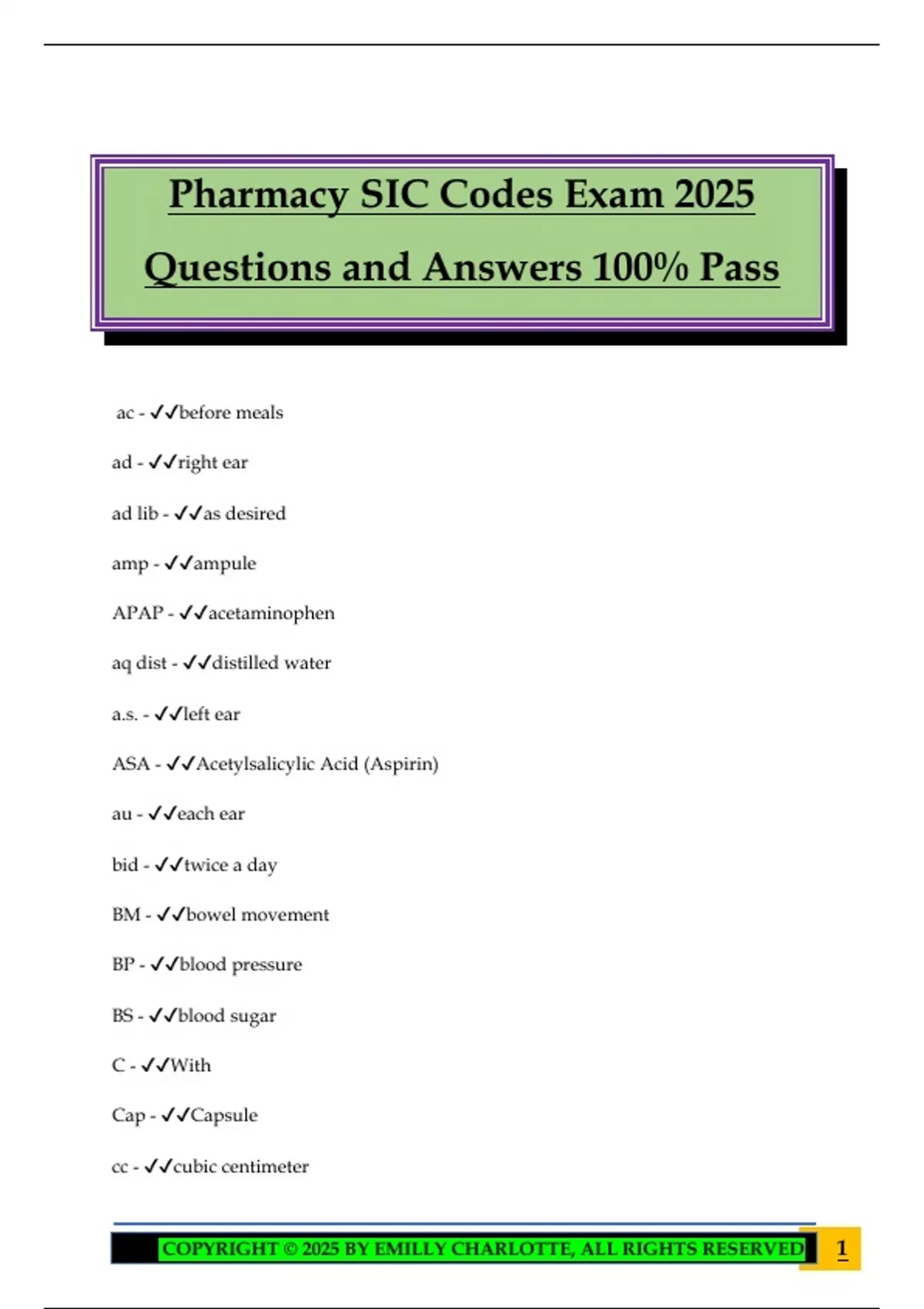 Pharmacy SIC Codes Exam 2025 Questions and Answers 100% Pass - SIC ...