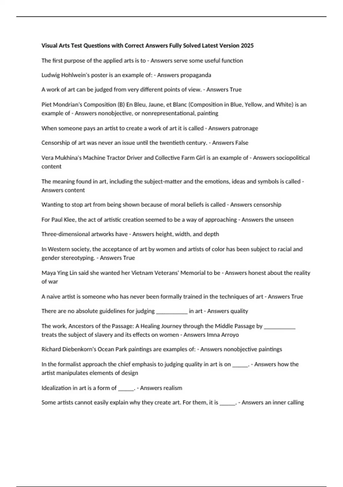 Visual Arts Test Questions with Correct Answers Fully Solved Latest ...