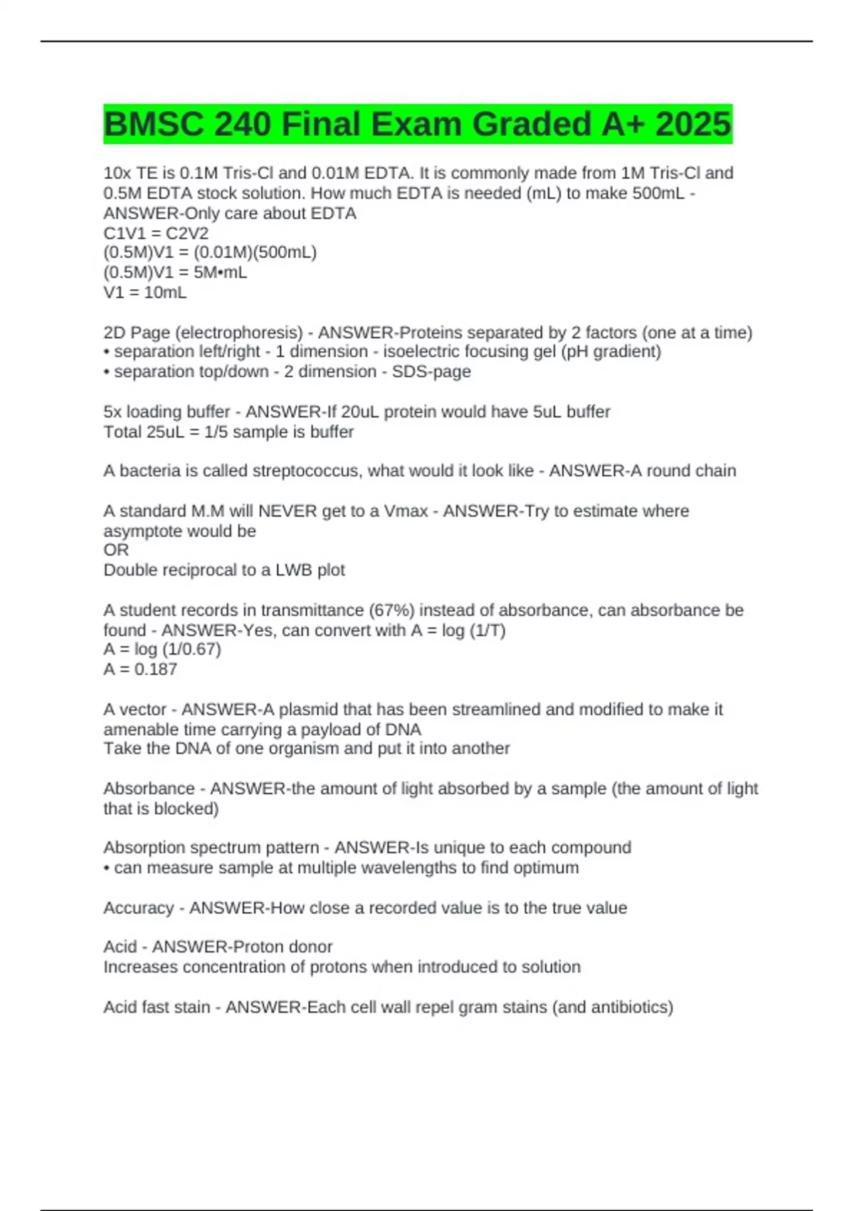 BMSC 240 Final Exam Graded A+ 2025 - BMSC - Stuvia US