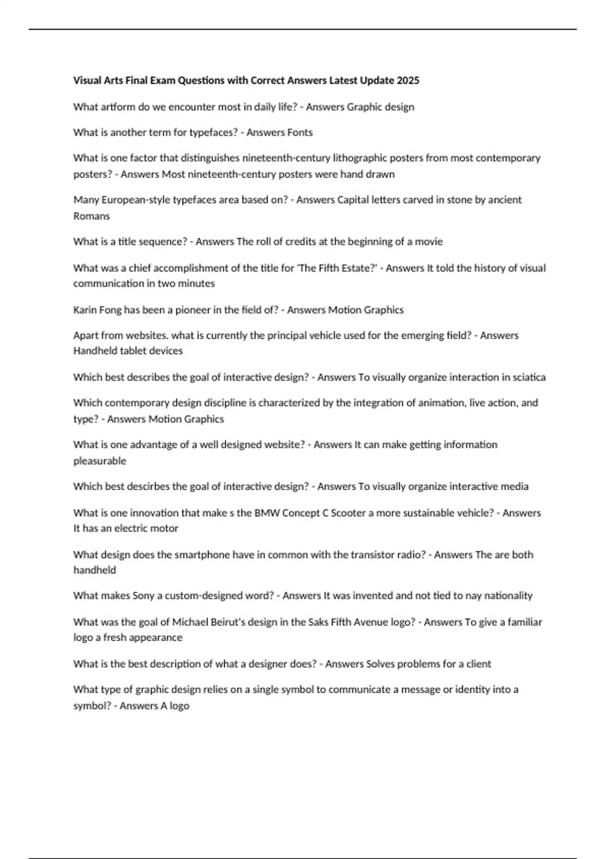 Visual Arts Final Exam Questions with Correct Answers Latest Update ...