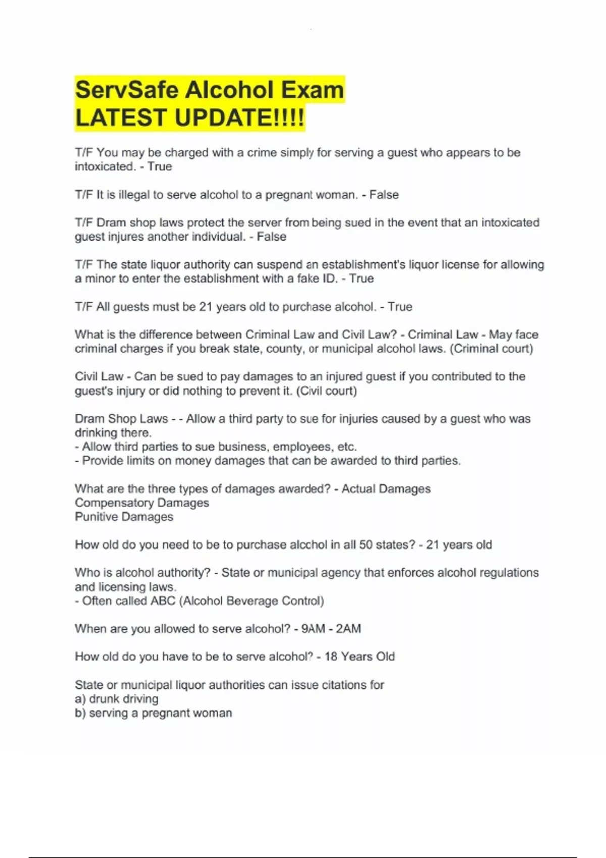 ServSafe Alcohol Exam LATEST UPDATE!!!! - ServSafe Alcohol ...