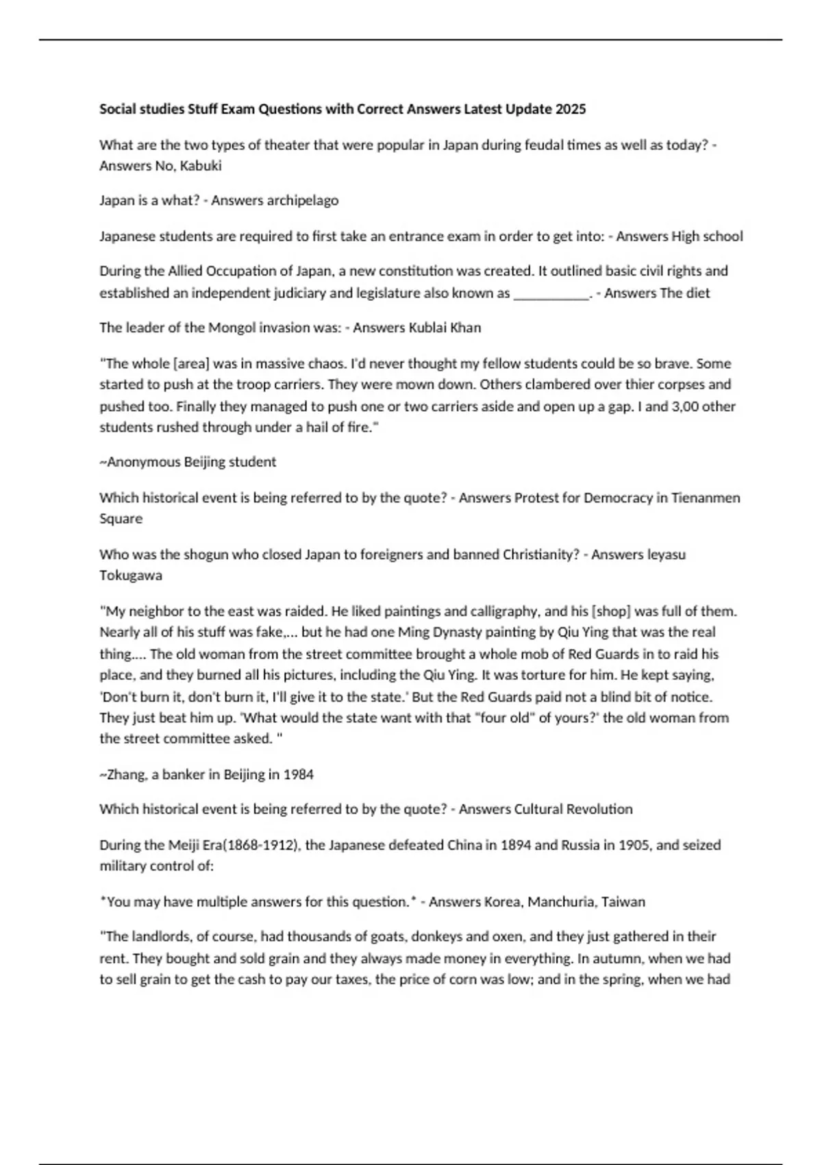 Social studies Stuff Exam Questions with Correct Answers Latest Update ...