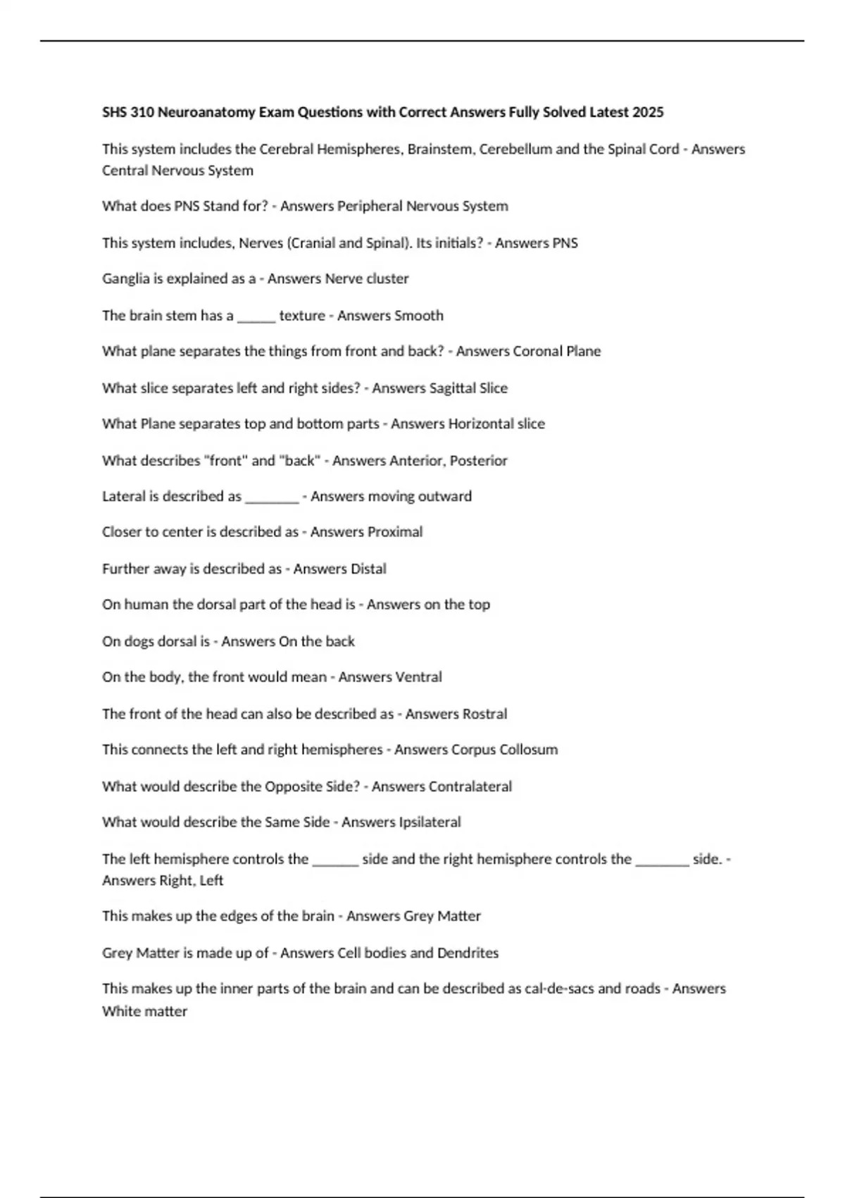 SHS 310 Neuroanatomy Exam Questions with Correct Answers Fully Solved ...