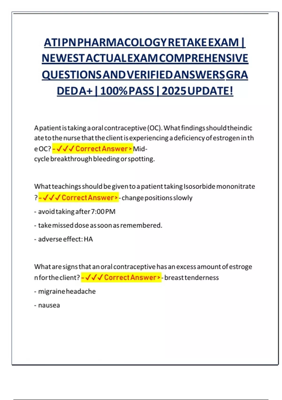 ATI PN PHARMACOLOGY PROCTORED EXAM VERSION 1-VERSION 3 & 3 VERSIONS OF RETAKE EXAMS COMPLETE ...