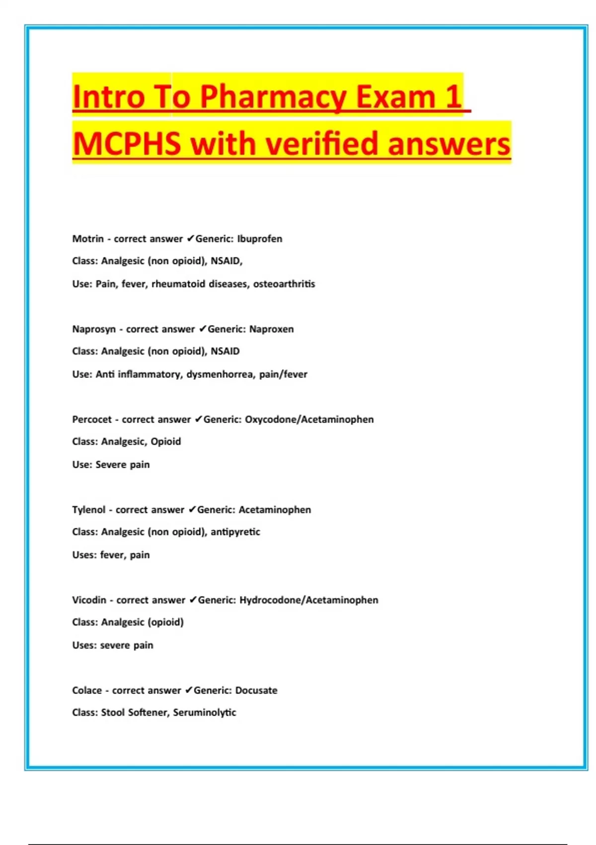Intro To Pharmacy Exam 1 MCPHS with verified answers - Pharmaceutics ...