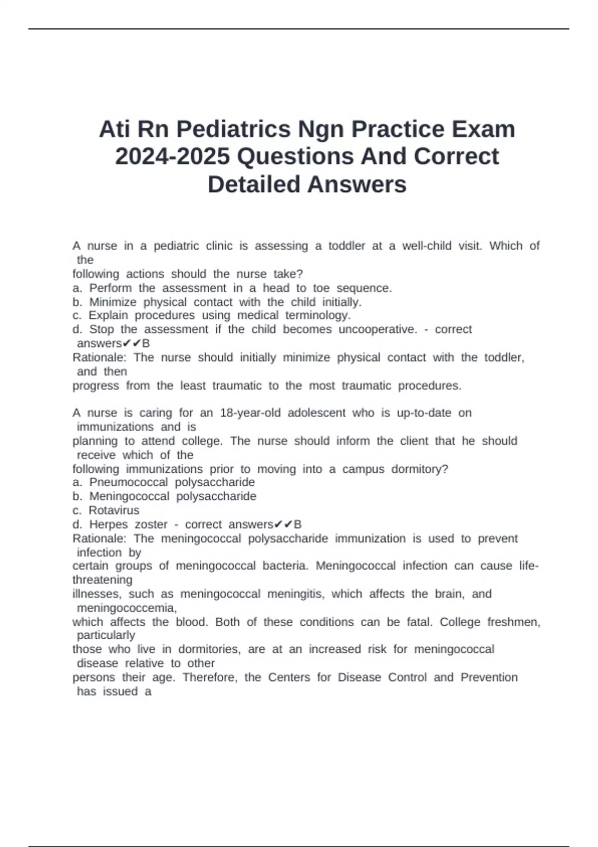 Ati Rn Pediatrics Ngn Practice Exam Questions And Correct Detailed ...