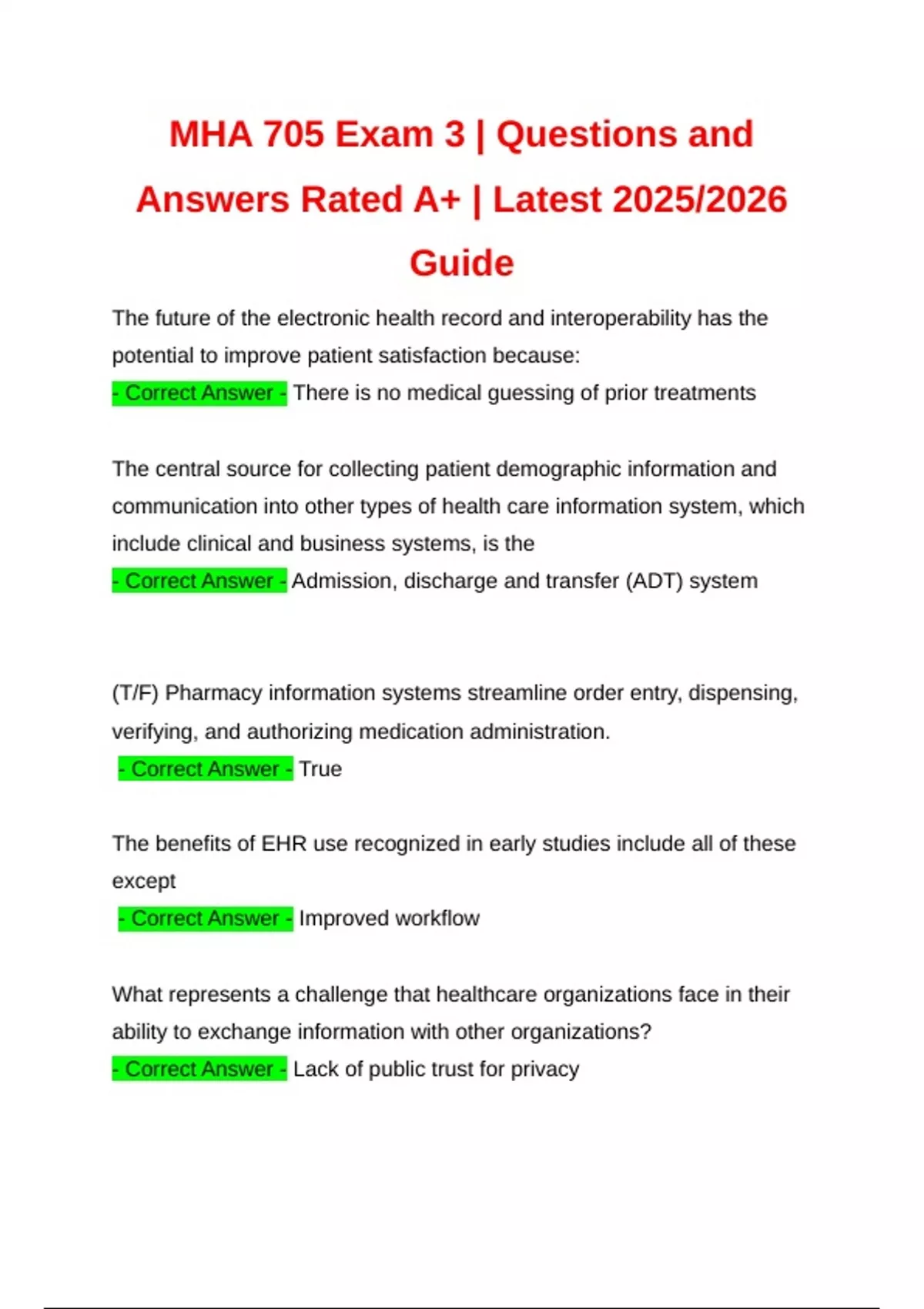 MHA 705 Exam 3 | Questions and Answers Rated A+ | Latest 2025/2026 ...