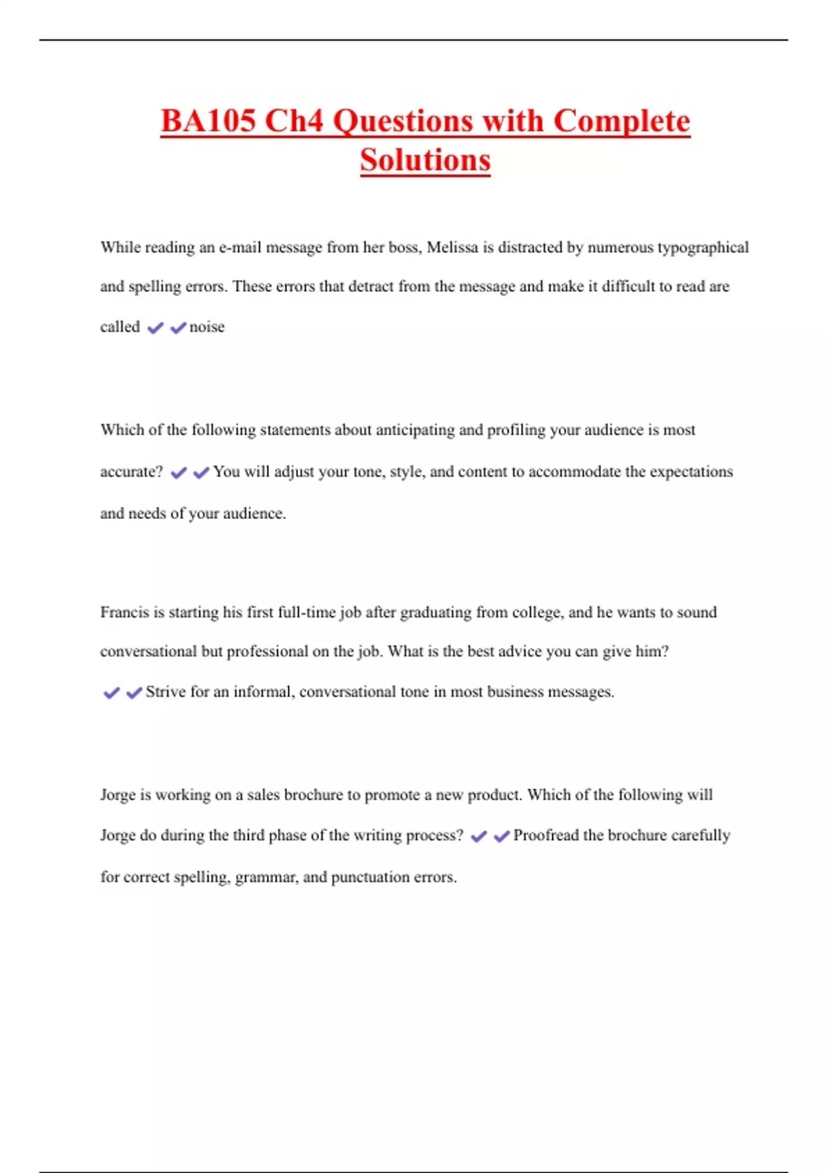 BA105 Ch4 Questions with Complete Solutions - BA 105... - Stuvia US