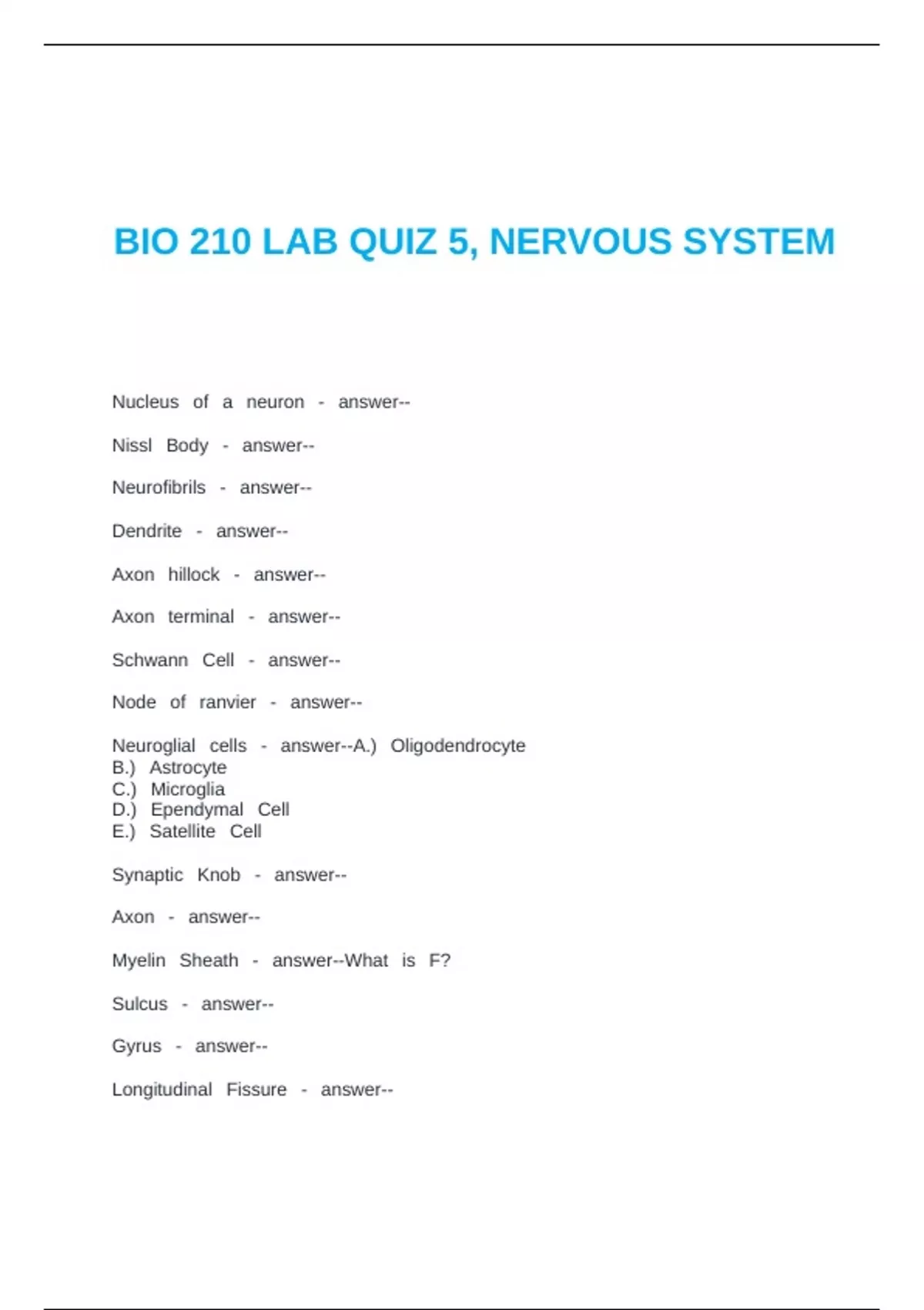 BIO 210 Lab Quiz 5, Nervous System With Correct Answers 2025 - BIO 210 ...