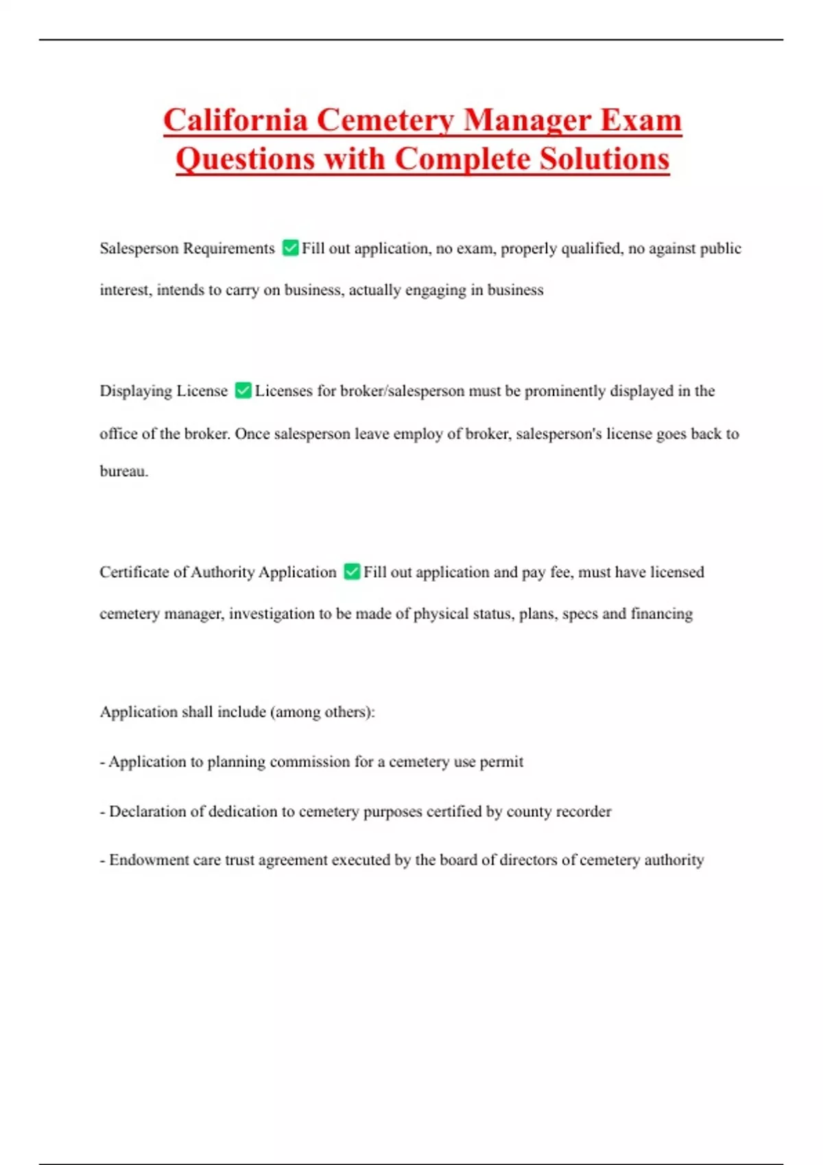 California Cemetery Manager Exam Questions with Complete Solutions - CA ...