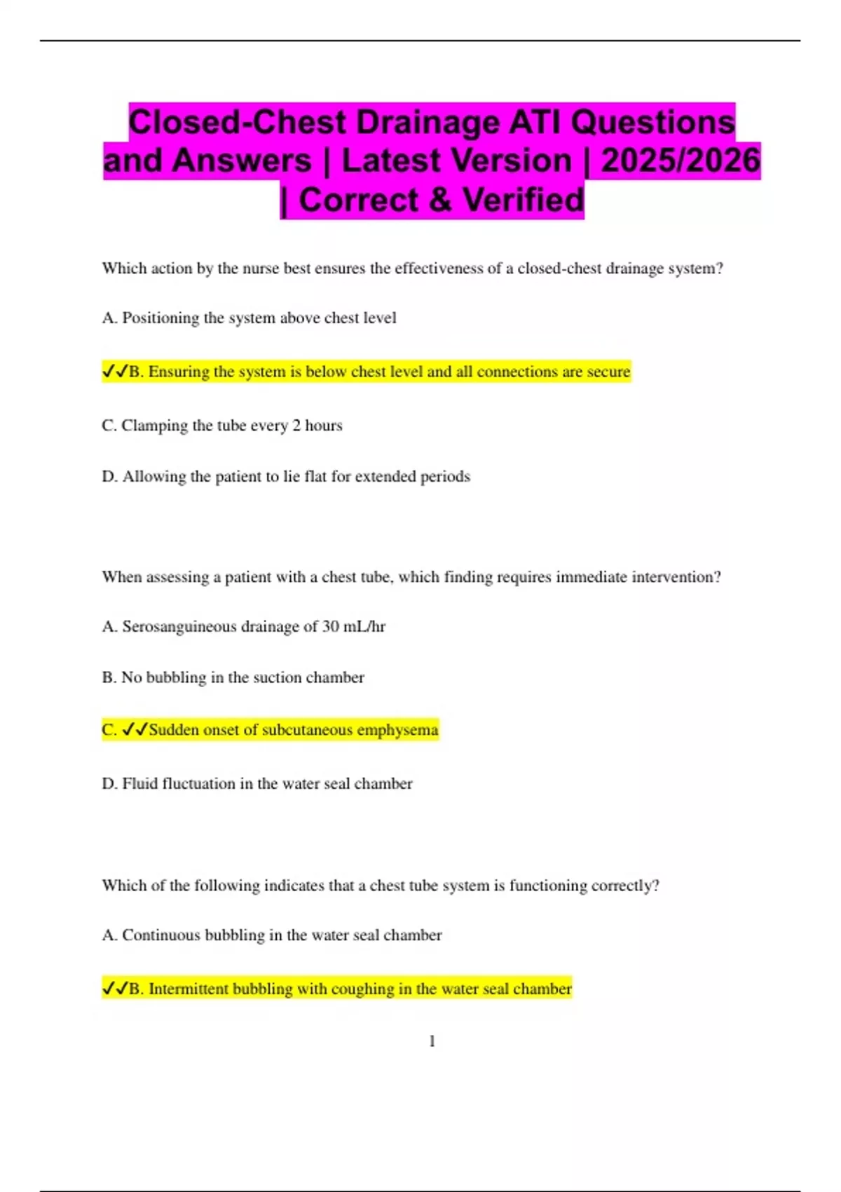 Closed-Chest Drainage ATI Questions and Answers | Latest Version | 2025 ...