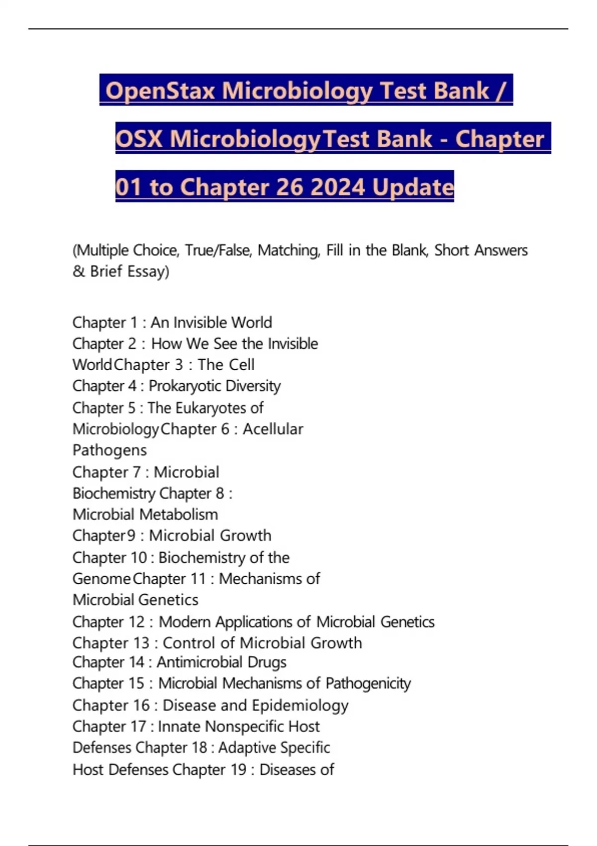 OPENSTAX MICROBIOLOGY TEST BANK OpenStax Microbiology THIS TEST BANK ...