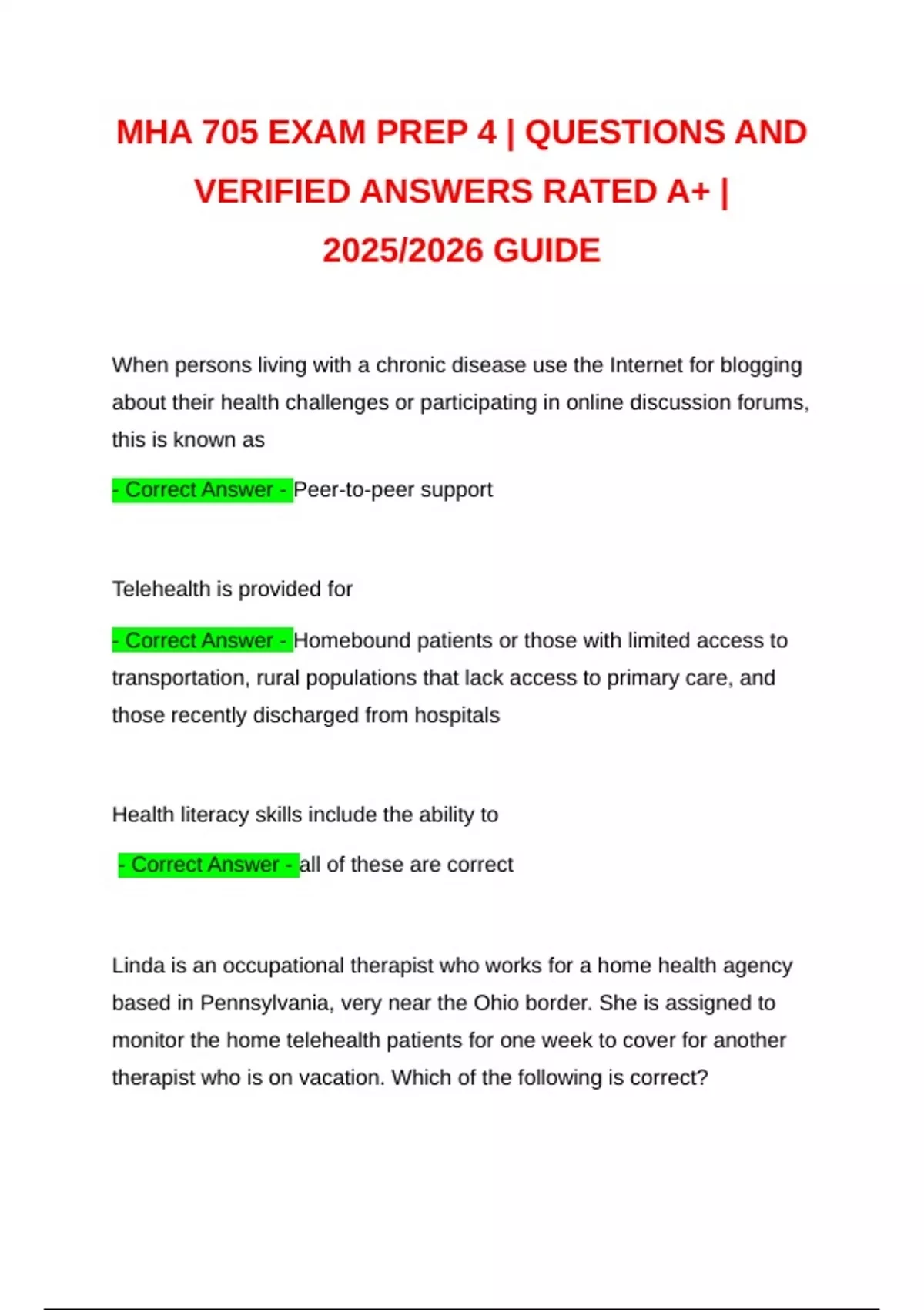 MHA 705 EXAM PREP 4 | QUESTIONS AND VERIFIED ANSWERS RATED A+ | 2025/ ...