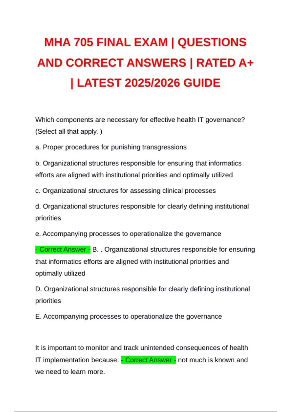 BUNDLE FOR MHA 705 FINAL EXAMS | QUESTIONS AND CORRECT ANSWERS | 100% ...