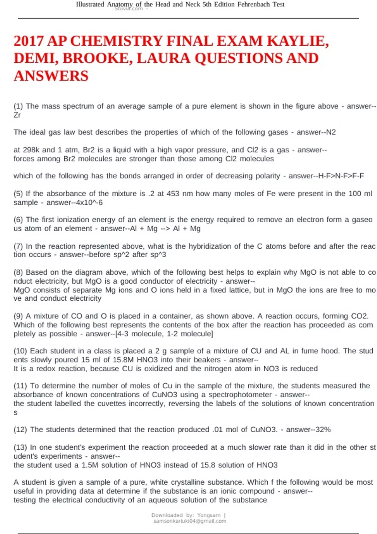 2017 AP CHEMISTRY FINAL EXAM KAYLIE, DEMI, BROOKE, LAURA QUESTIONS AND ANSWERS - AP Chemistry ...
