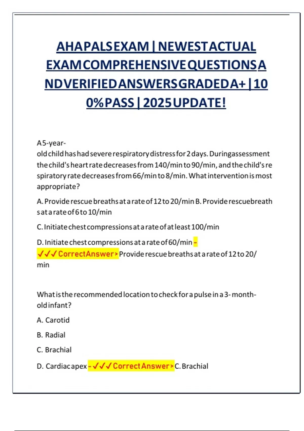 AHA PALS Practice Exam 2025 Updated Questions and Verified Answers ...