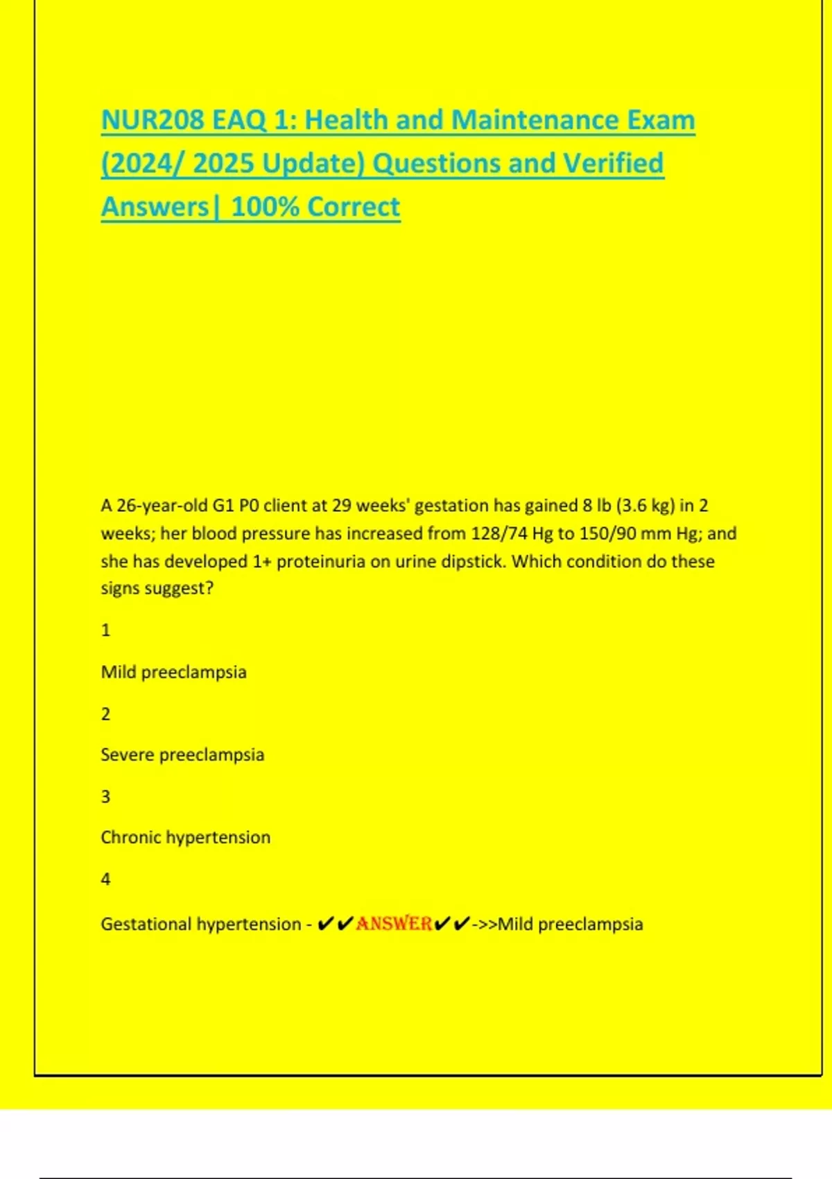 NUR208 EAQ 1: Health and Maintenance Exam (2024/ 2025 Update) Questions ...