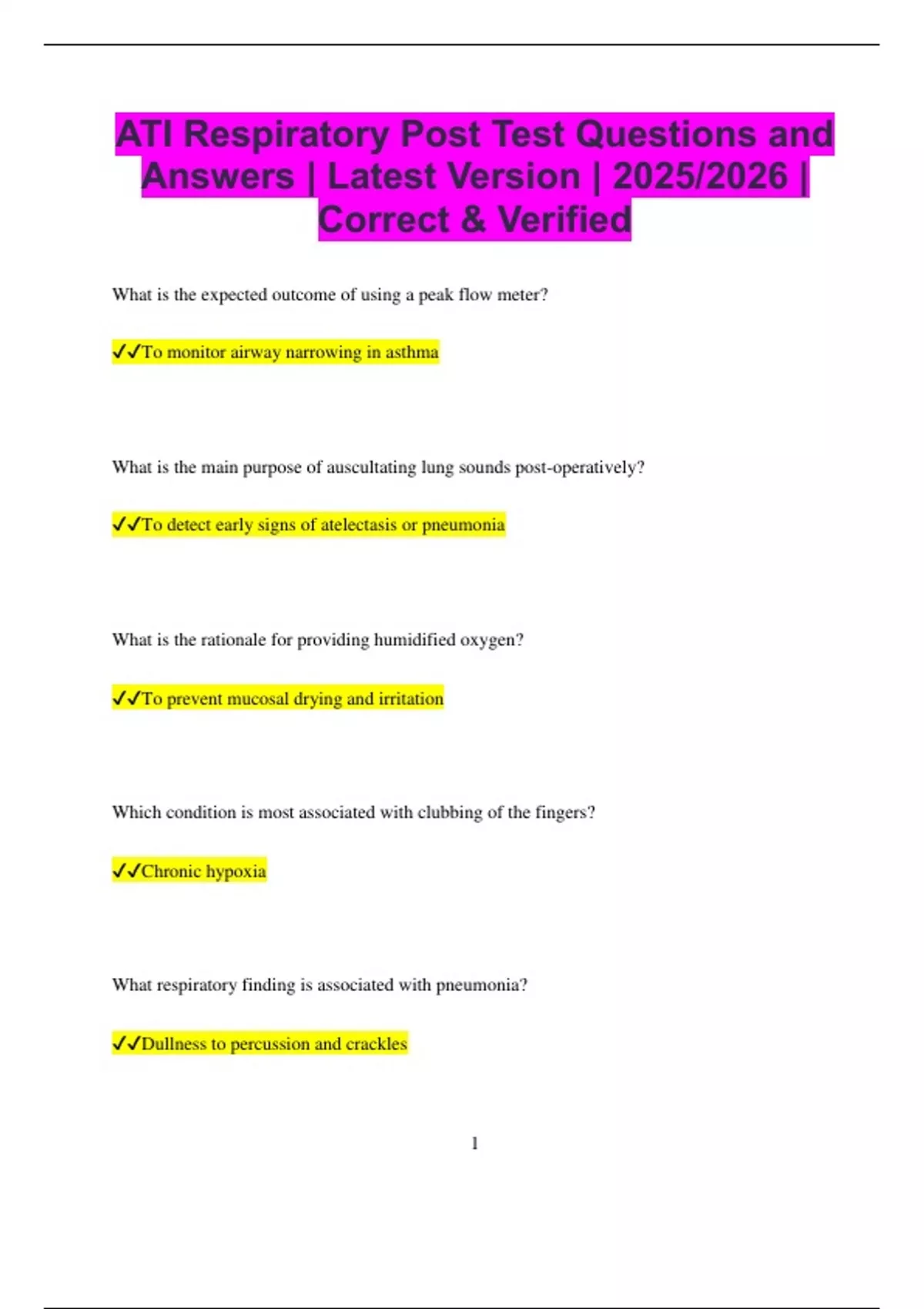 ATI Respiratory Post Test Questions and Answers | Latest Version | 2025 ...