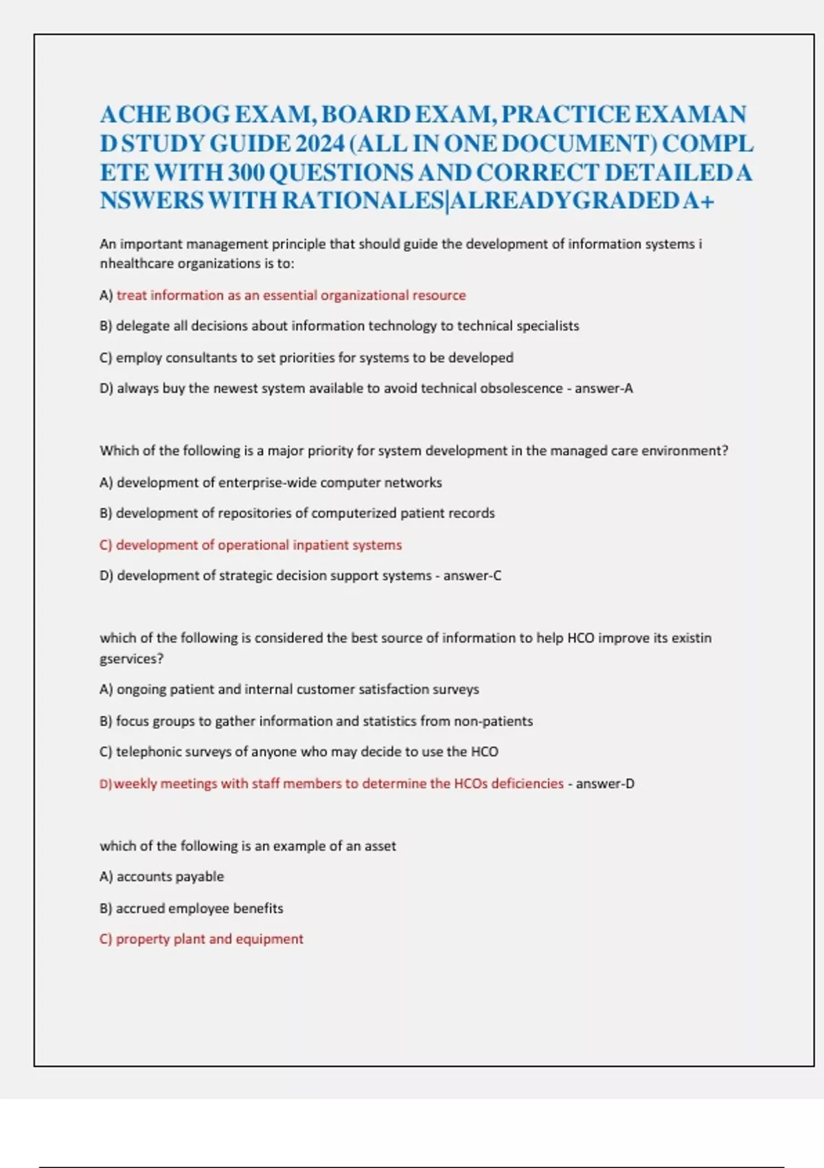 ACHE BOG Exam Sample Test -100 Questions And Answers - ACHE BOG - Stuvia US