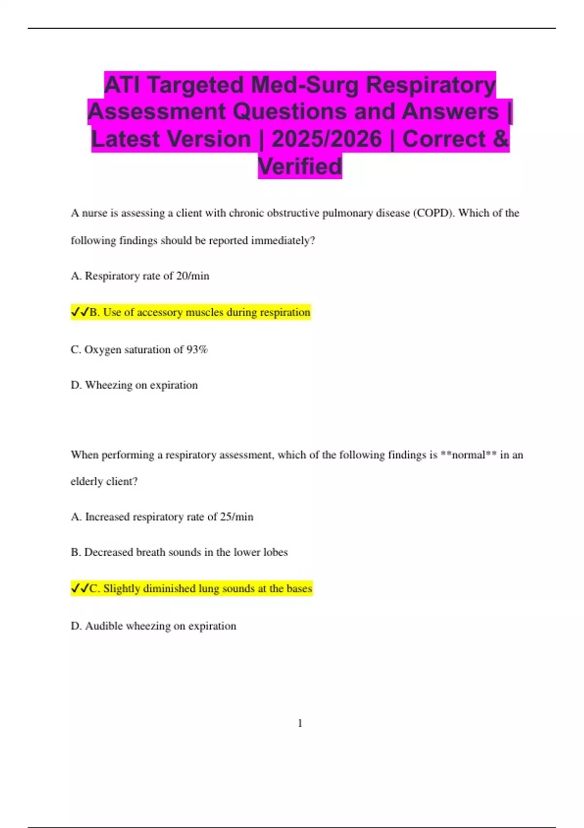 ATI Targeted Med-Surg Respiratory Assessment Questions and Answers ...