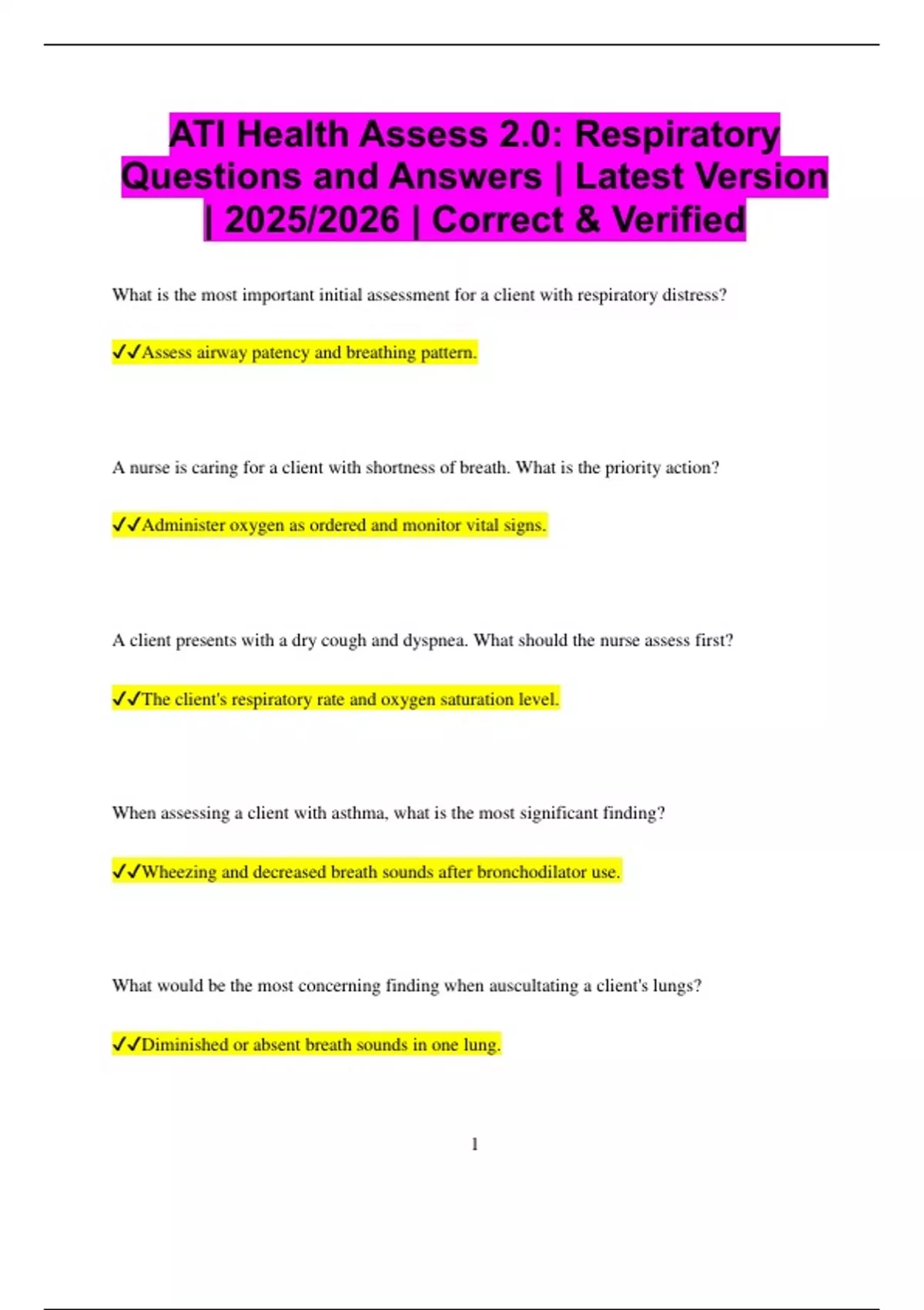ATI Health Assess 2.0: Respiratory Questions and Answers | Latest ...