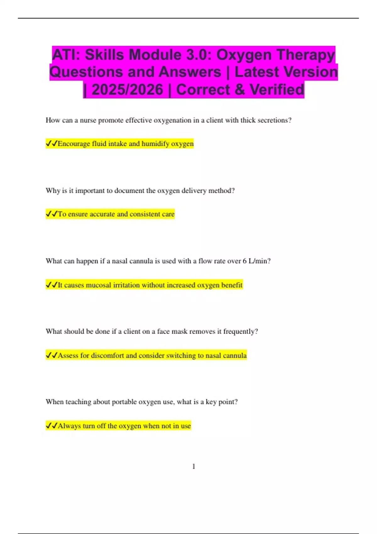ATI: Skills Module 3.0: Oxygen Therapy Questions and Answers | Latest ...