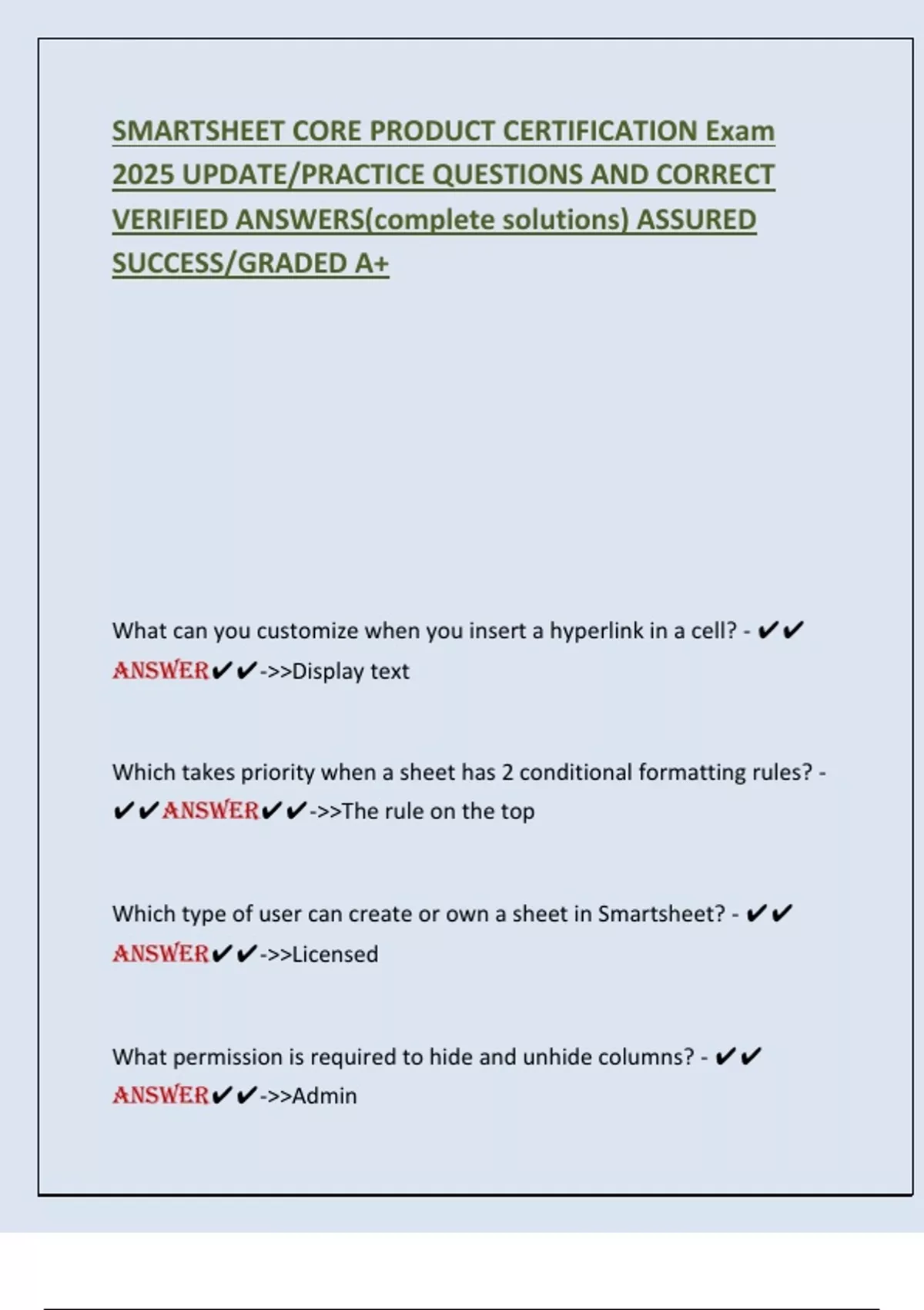 SMARTSHEET CORE PRODUCT CERTIFICATION Exam 2025 UPDATE/PRACTICE QUESTIONS AND CORRECT VERIFIED ...