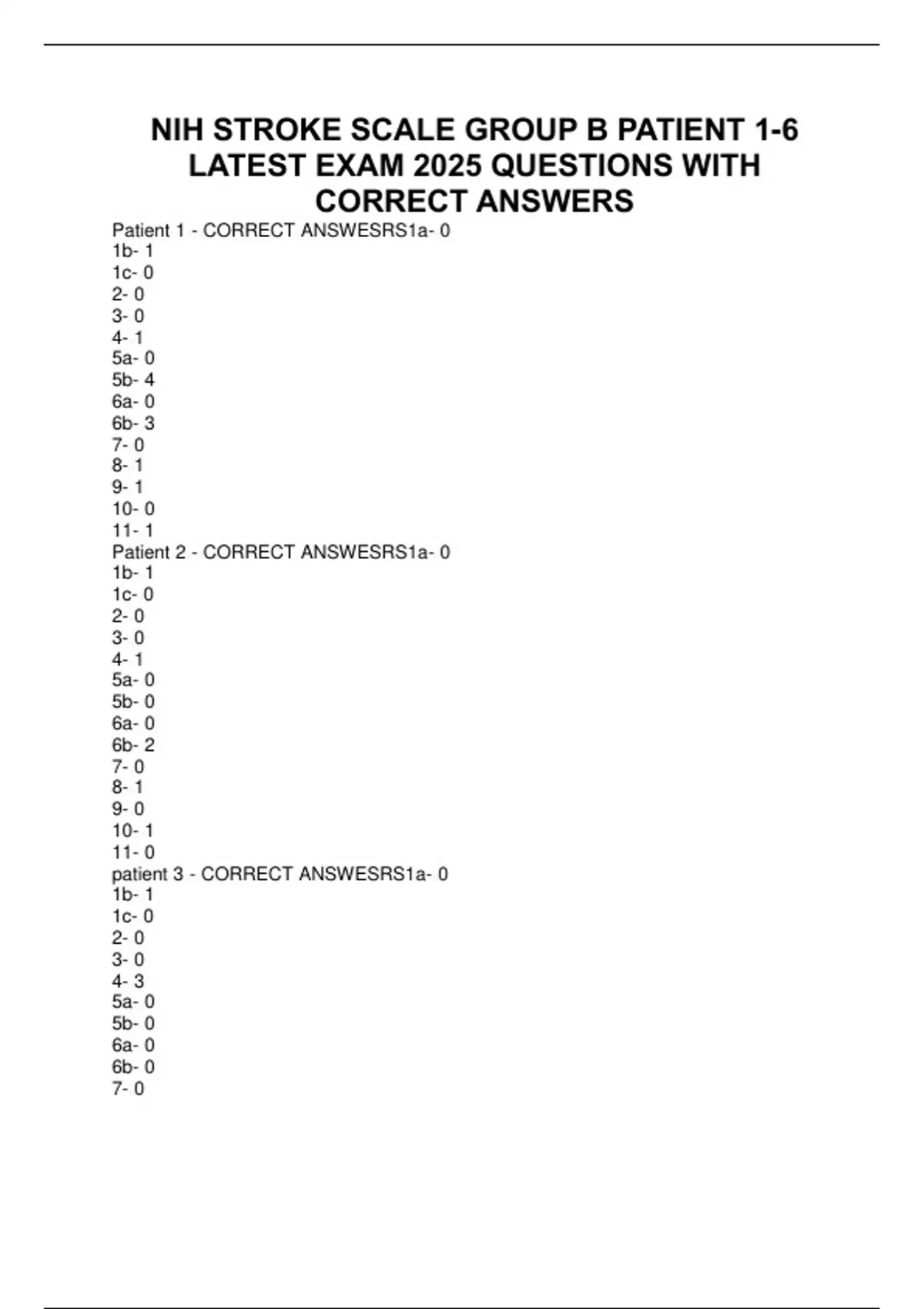 NIH STROKE SCALE GROUP B PATIENT 1-6 LATEST EXAM 2025 QUESTIONS WITH ...